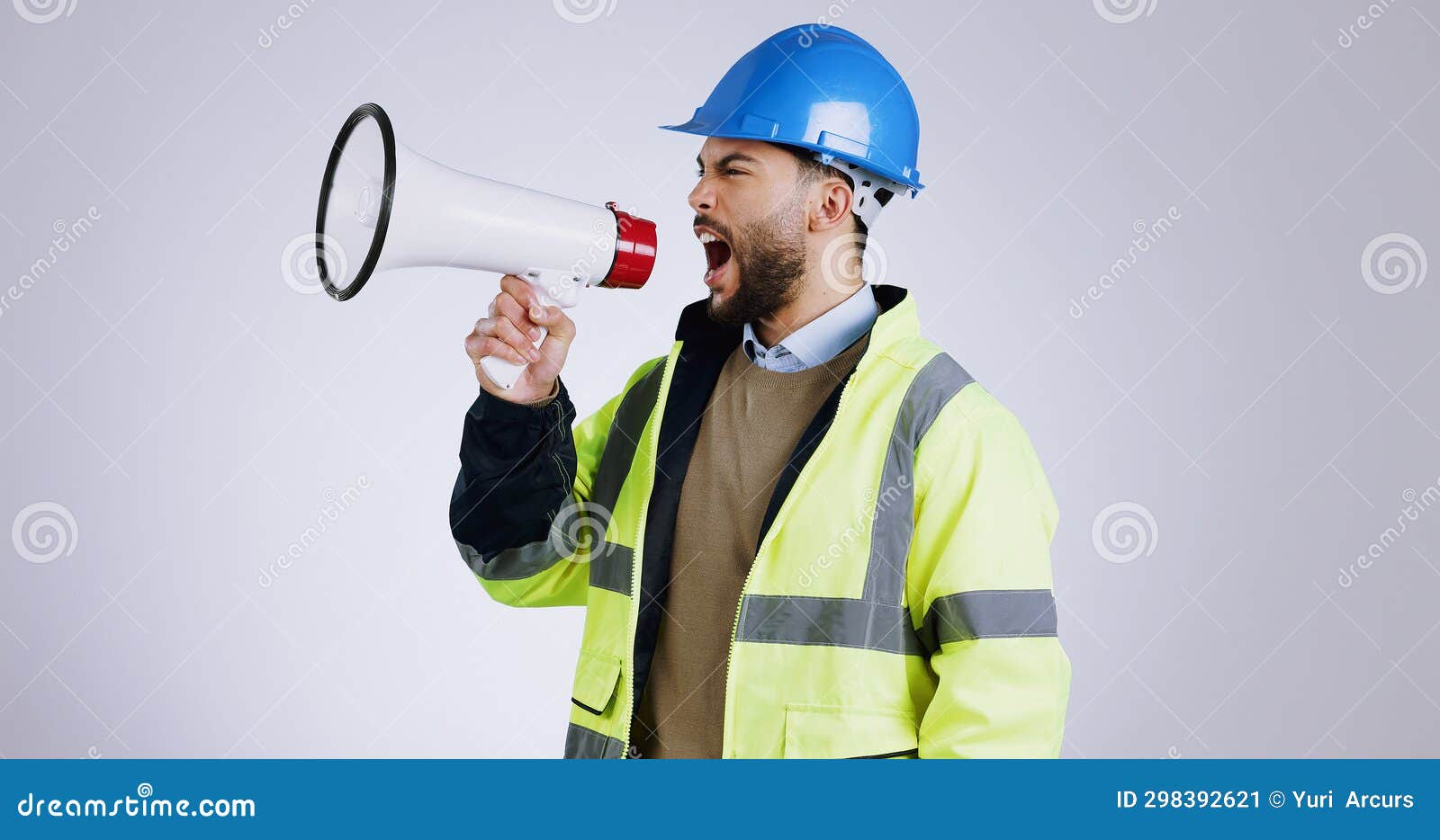 Construction, Angry Man and Megaphone for Shouting in Studio with Mock ...