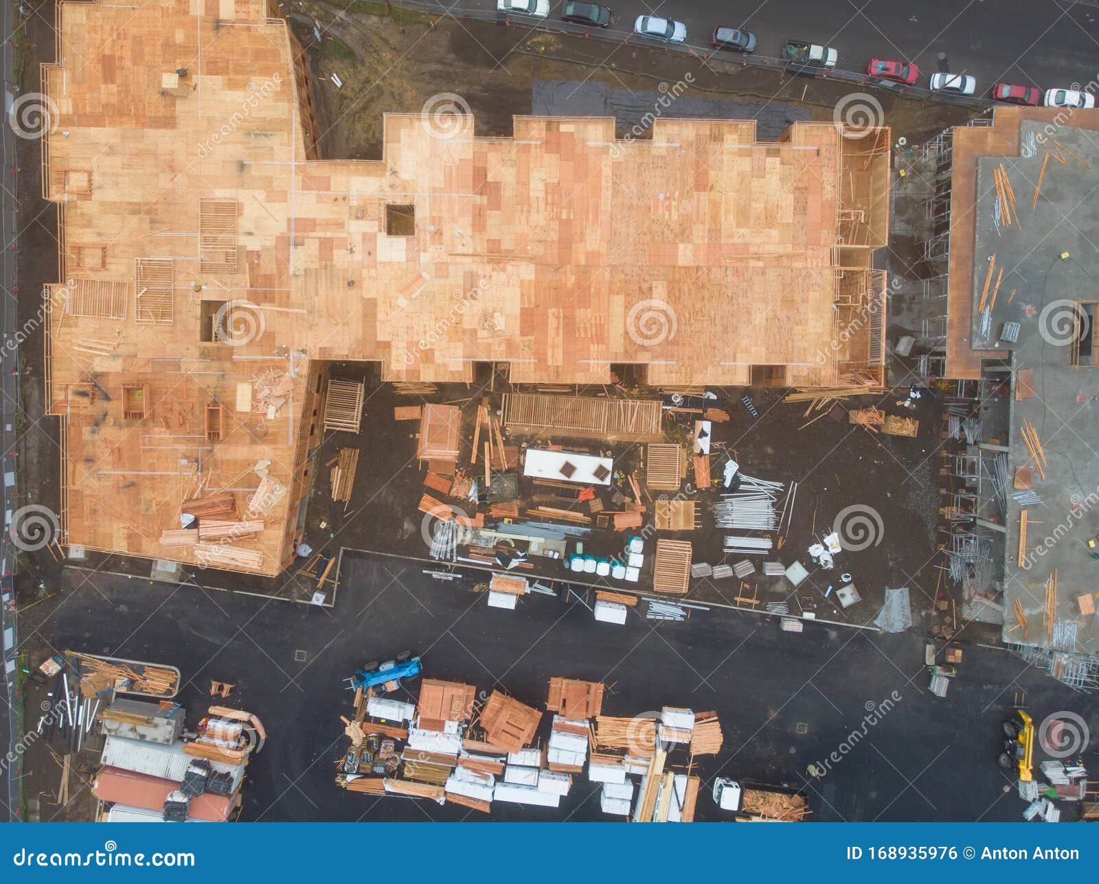 Process Of Wooden Carcass House Mounting Under Clear Cloudless Blue Sky ...