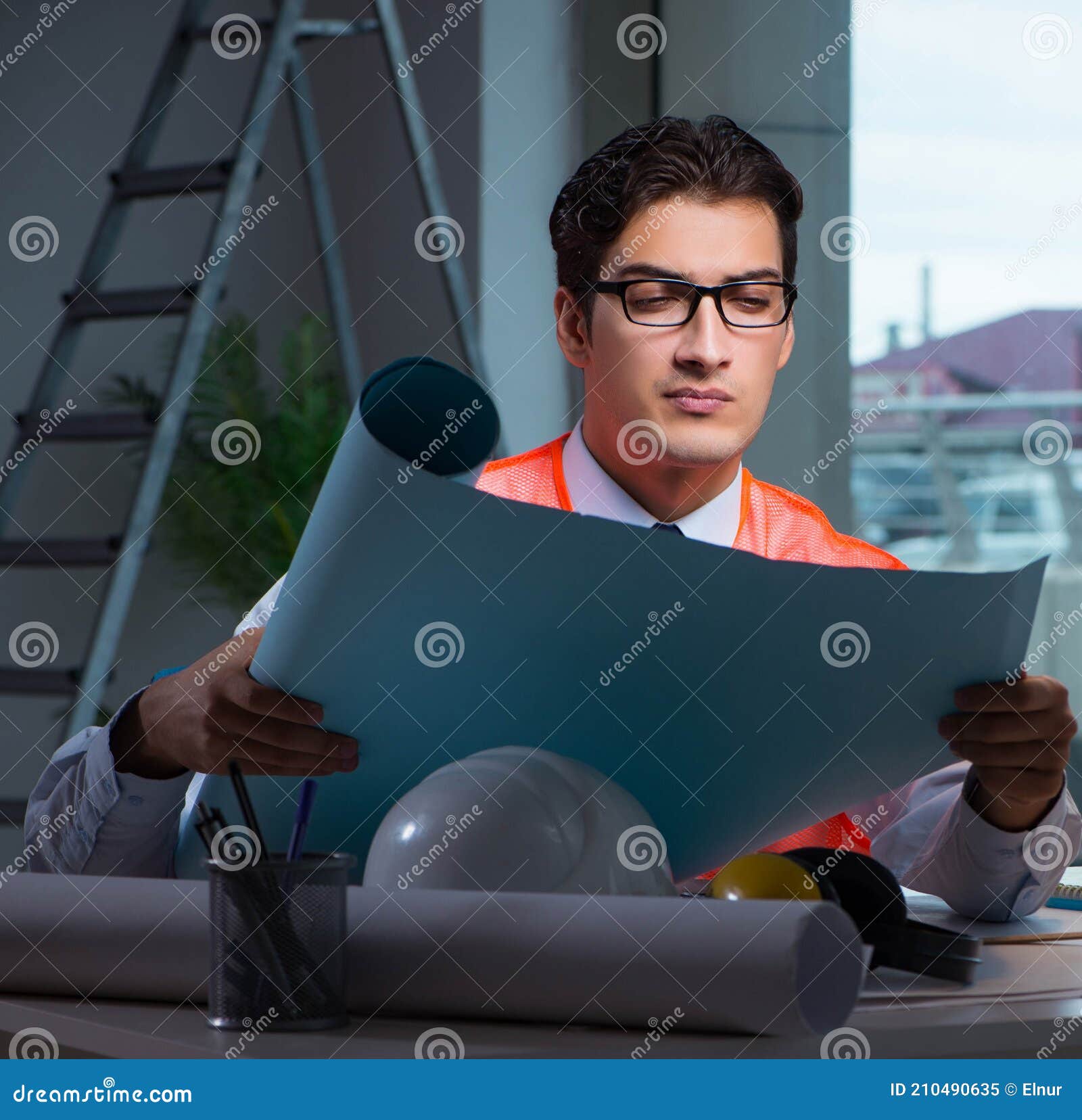 Construction Architect Working on Drawings Late at Night Stock Image ...