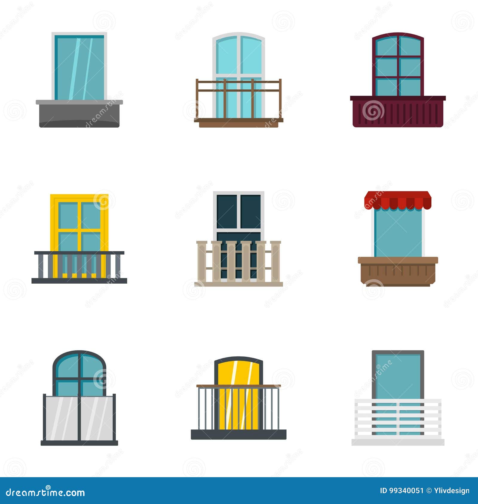 Construction Balcony Icon Set, Flat Style Stock Vector - Illustration ...