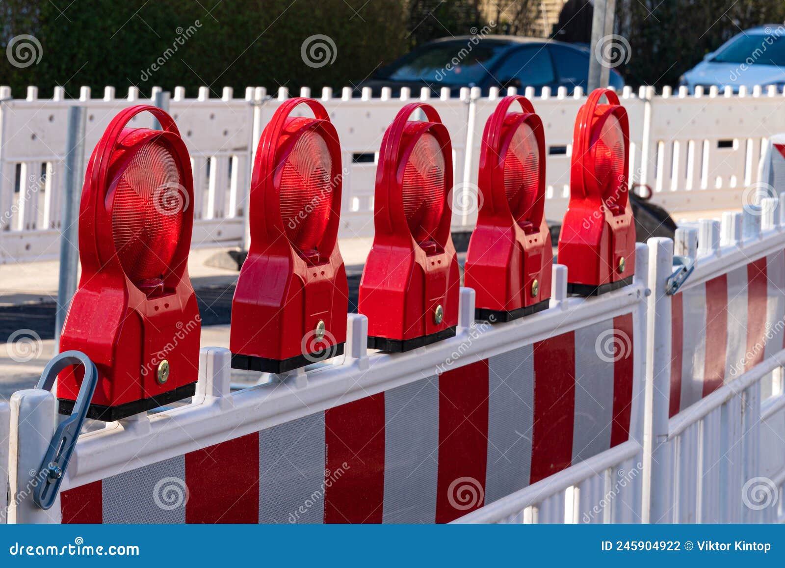 Construction Barrier at a Road with Red Reflecting Lamps As Safety ...