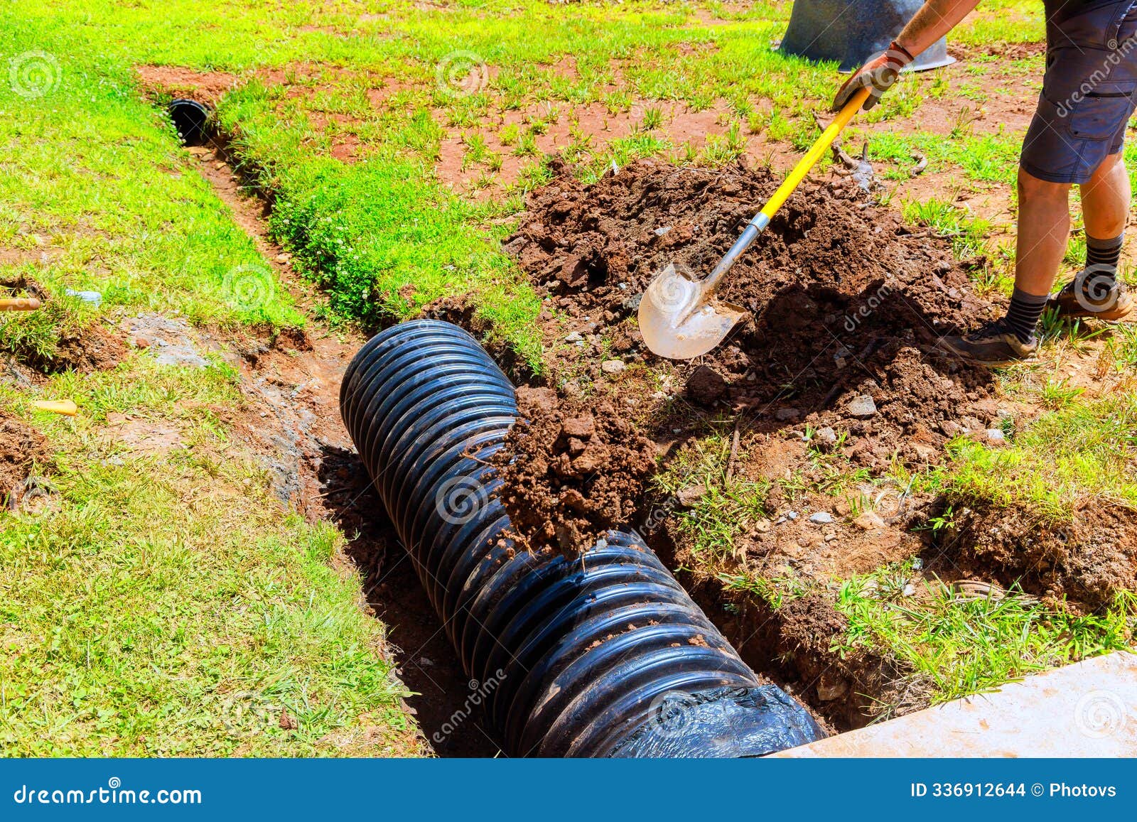 During Construction, Black Drainage Pipe is Installed in a Trench Stock ...