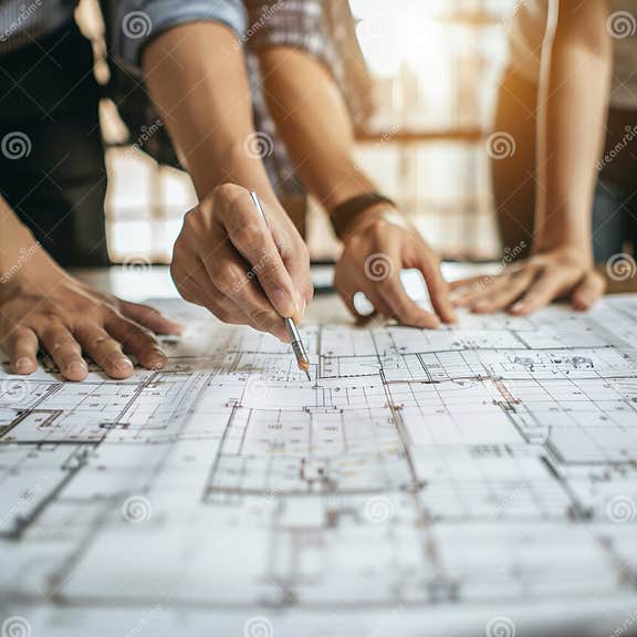 A Construction Blueprint with Engineers Discussing in the Background ...