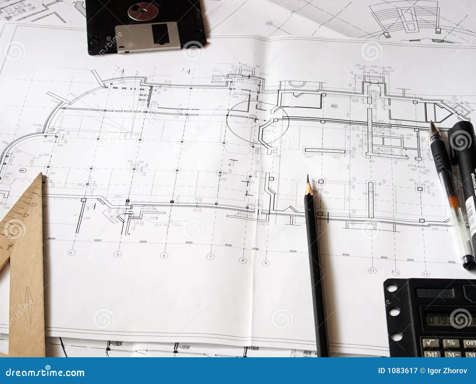 Construction Blueprints With Tools And Tablet, Top View. Tablet With ...