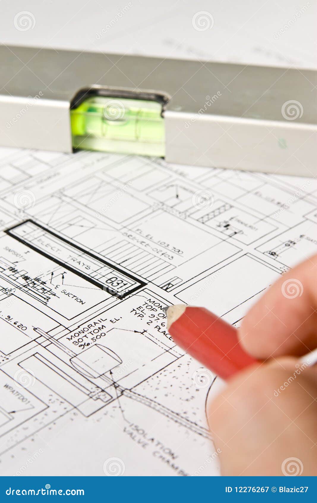Construction Blueprints With Tools And Tablet, Top View. Tablet With ...