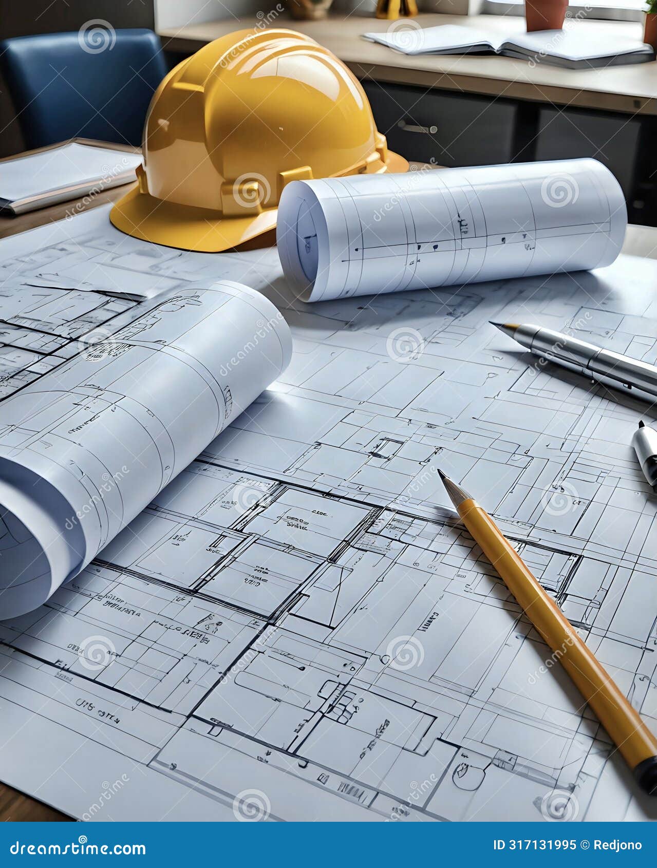 Construction Blueprints and Hard Hat on Planning Table of Builders Site ...