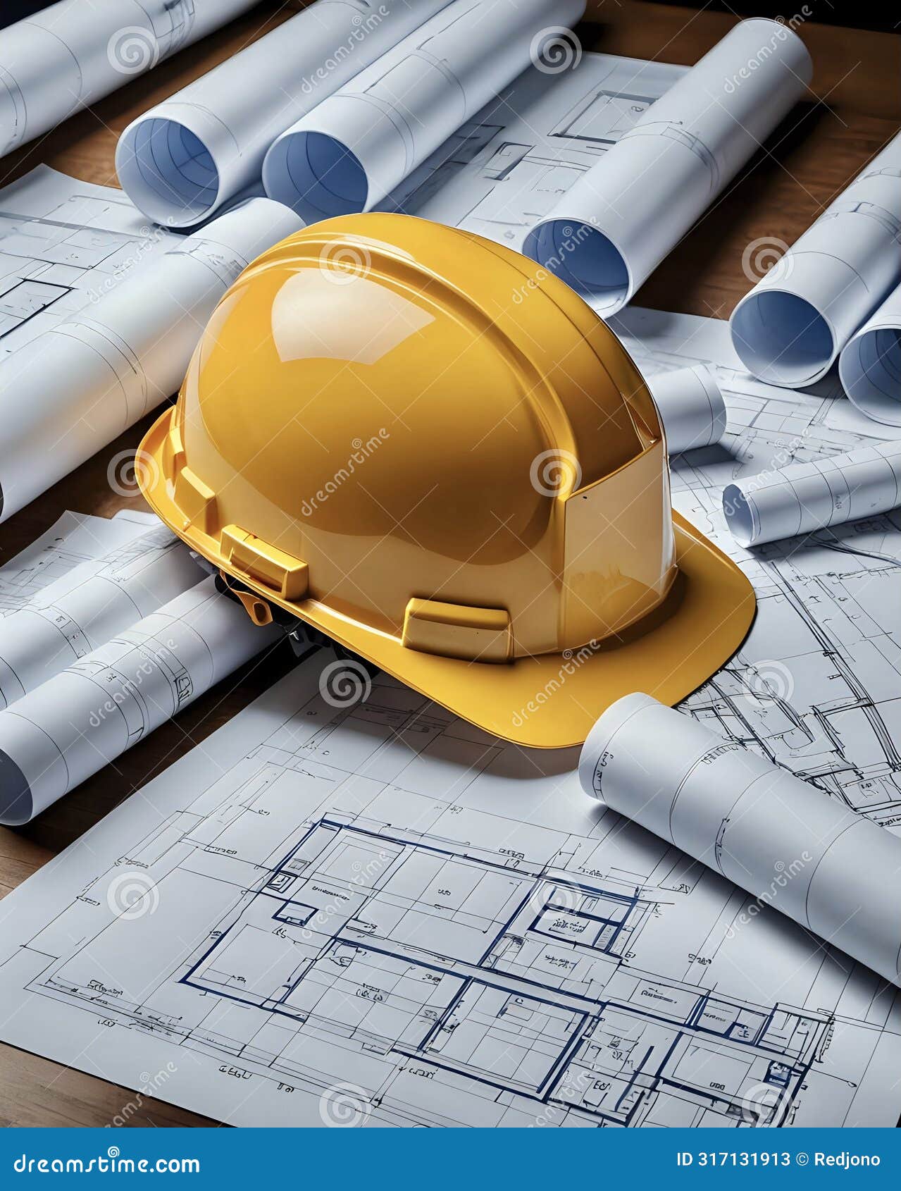 Construction Blueprints and Hard Hat on Planning Table of Builders Site ...
