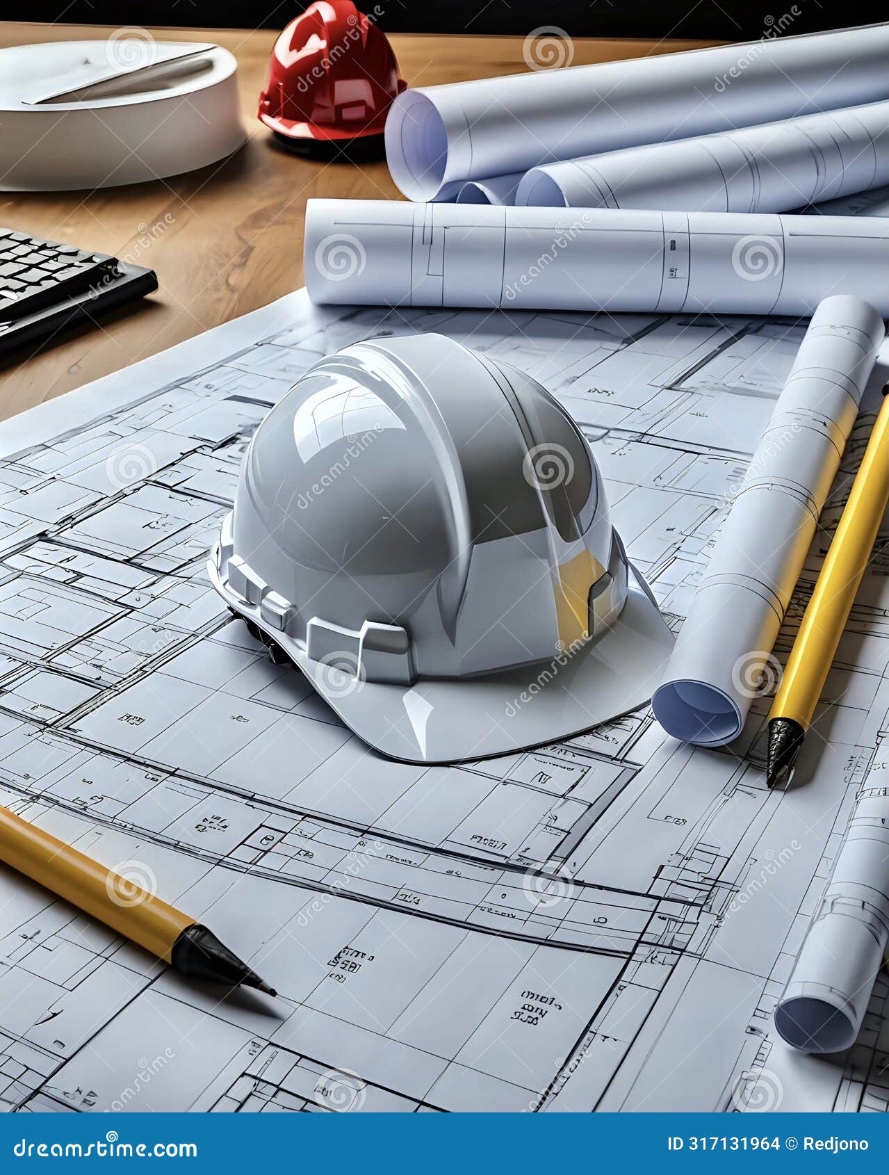 Construction Blueprints and Hard Hat on Planning Table of Builders Site ...