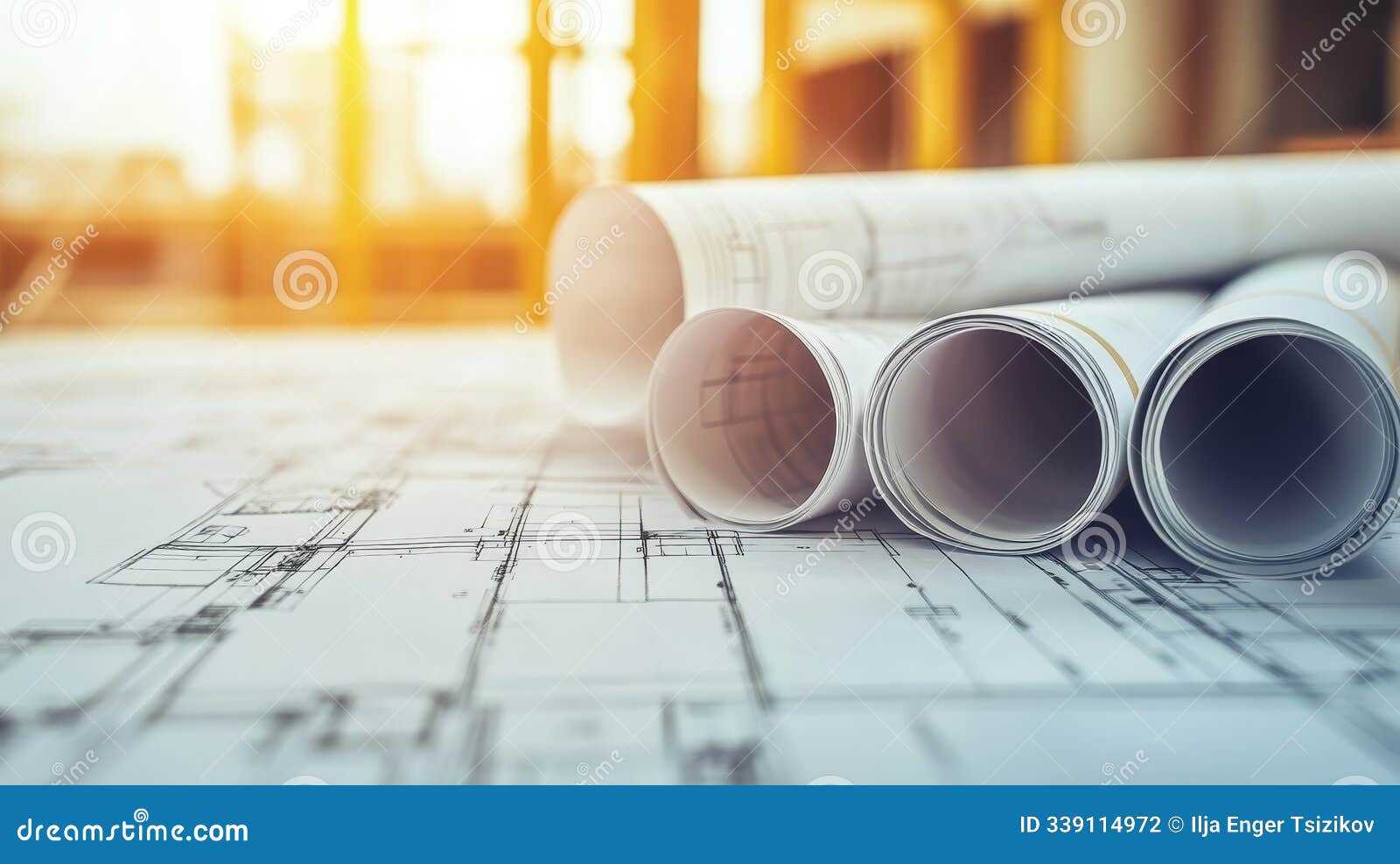 Construction Blueprints Rolled Up on Table at a Building Site with Warm ...