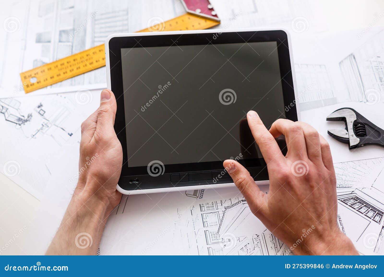 Construction Blueprints with Tools and Tablet, Top View Stock Photo ...