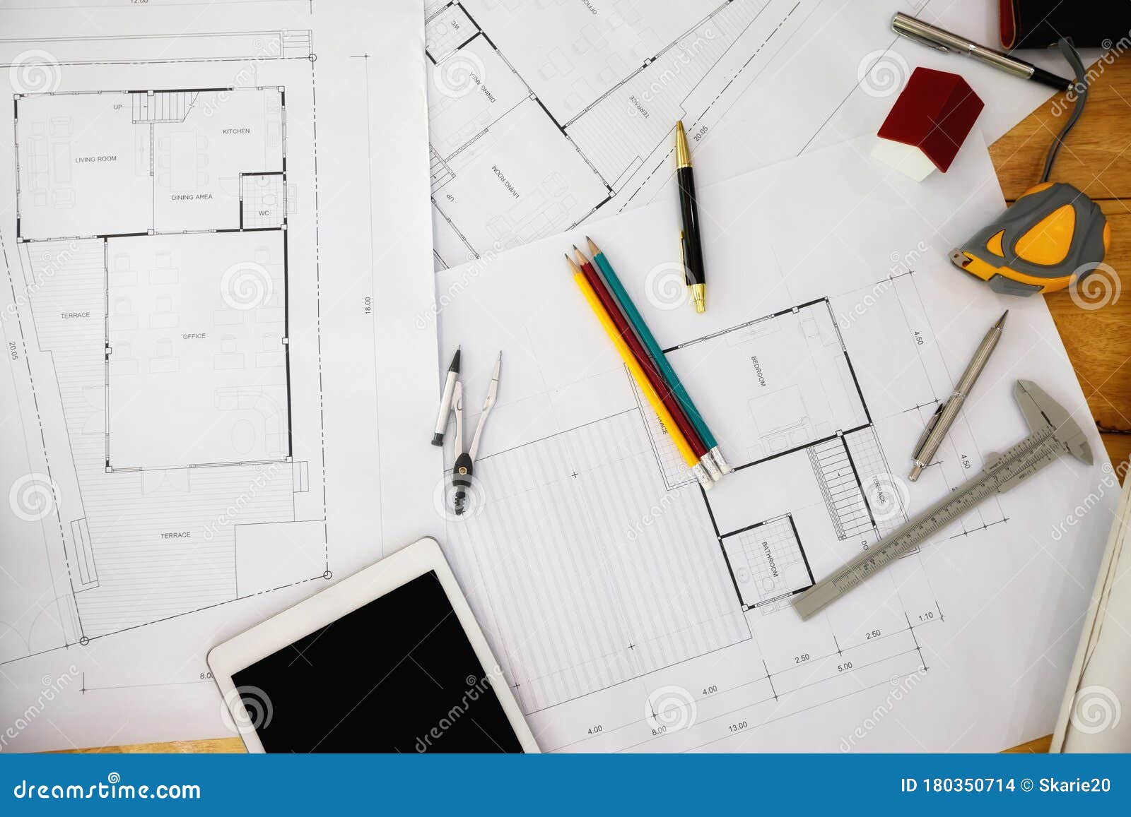 Construction Blueprints with Tools and Tablet, Top View. Tablet with ...
