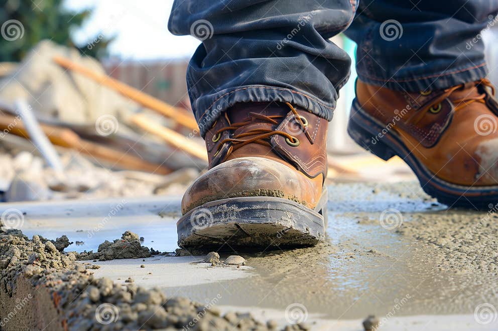 Construction Boots Stepping on a New Concrete Surface Stock Image ...