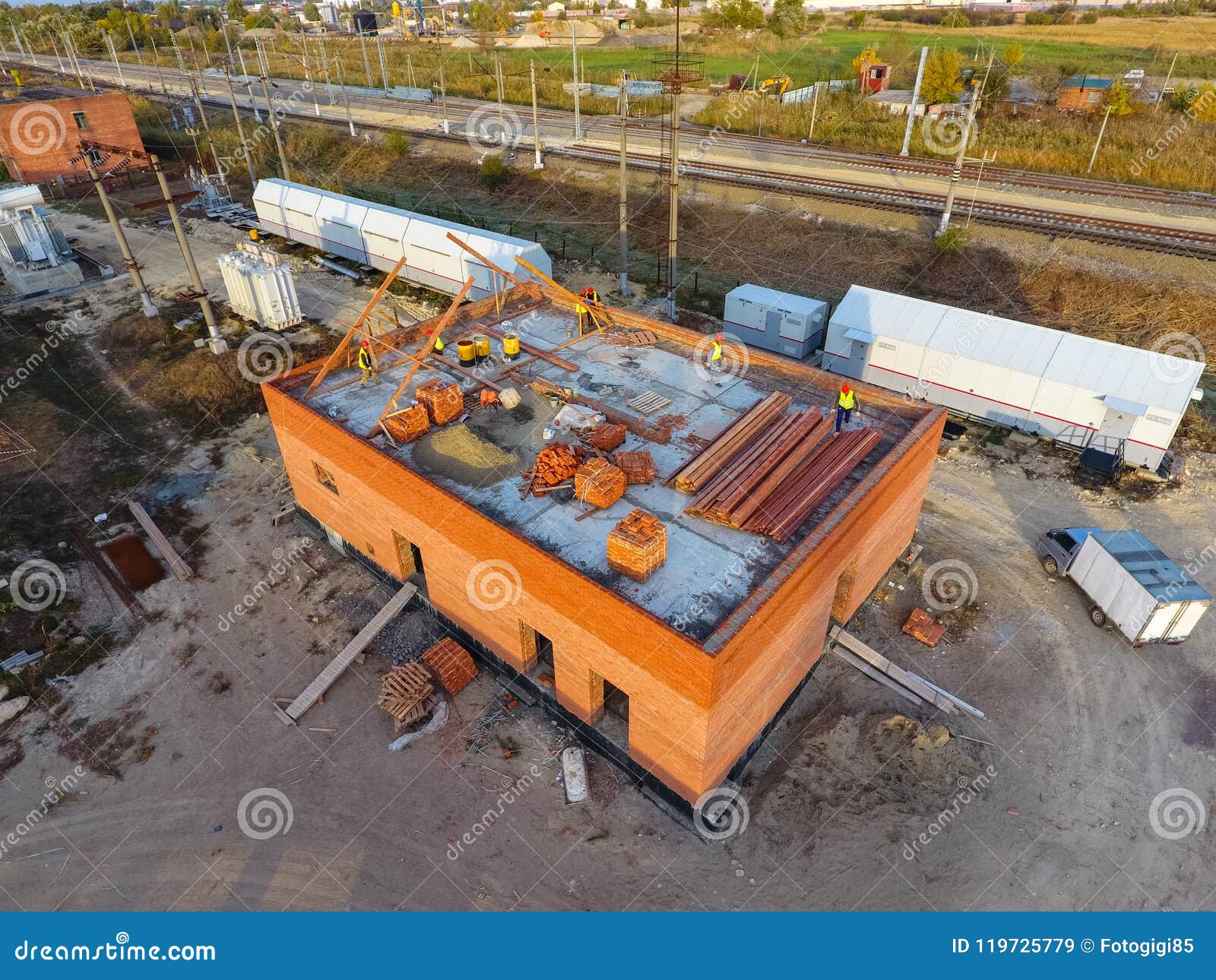 Construction of a Brick Building. Installation of the Roof ...