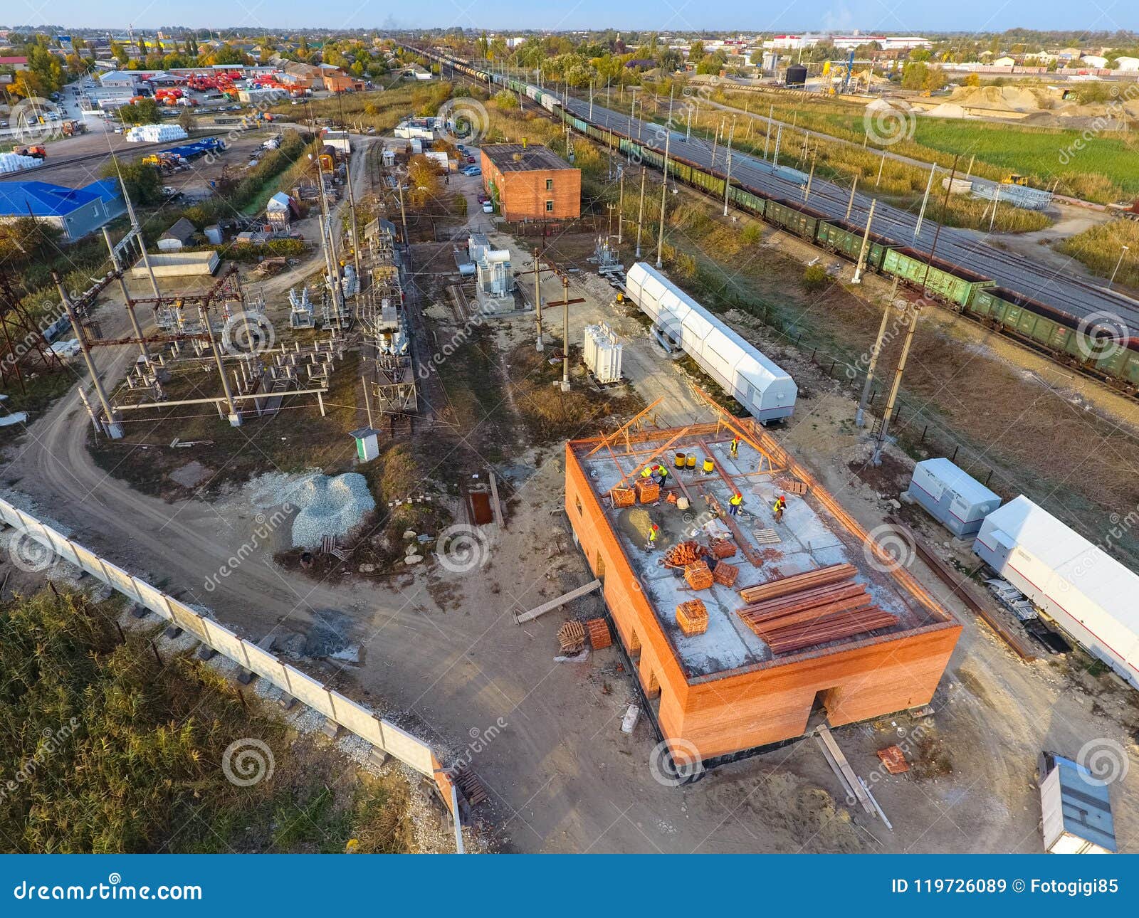 Construction of a Brick Building. Installation of the Roof ...
