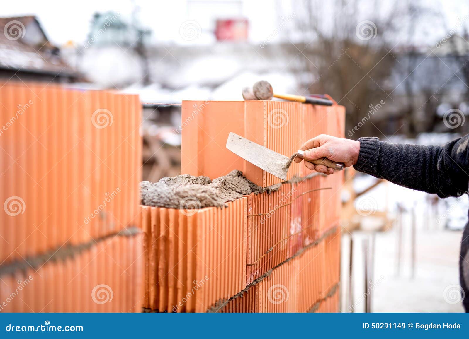 Construction Bricklayer Worker Building Walls with Fresh Bricks and ...