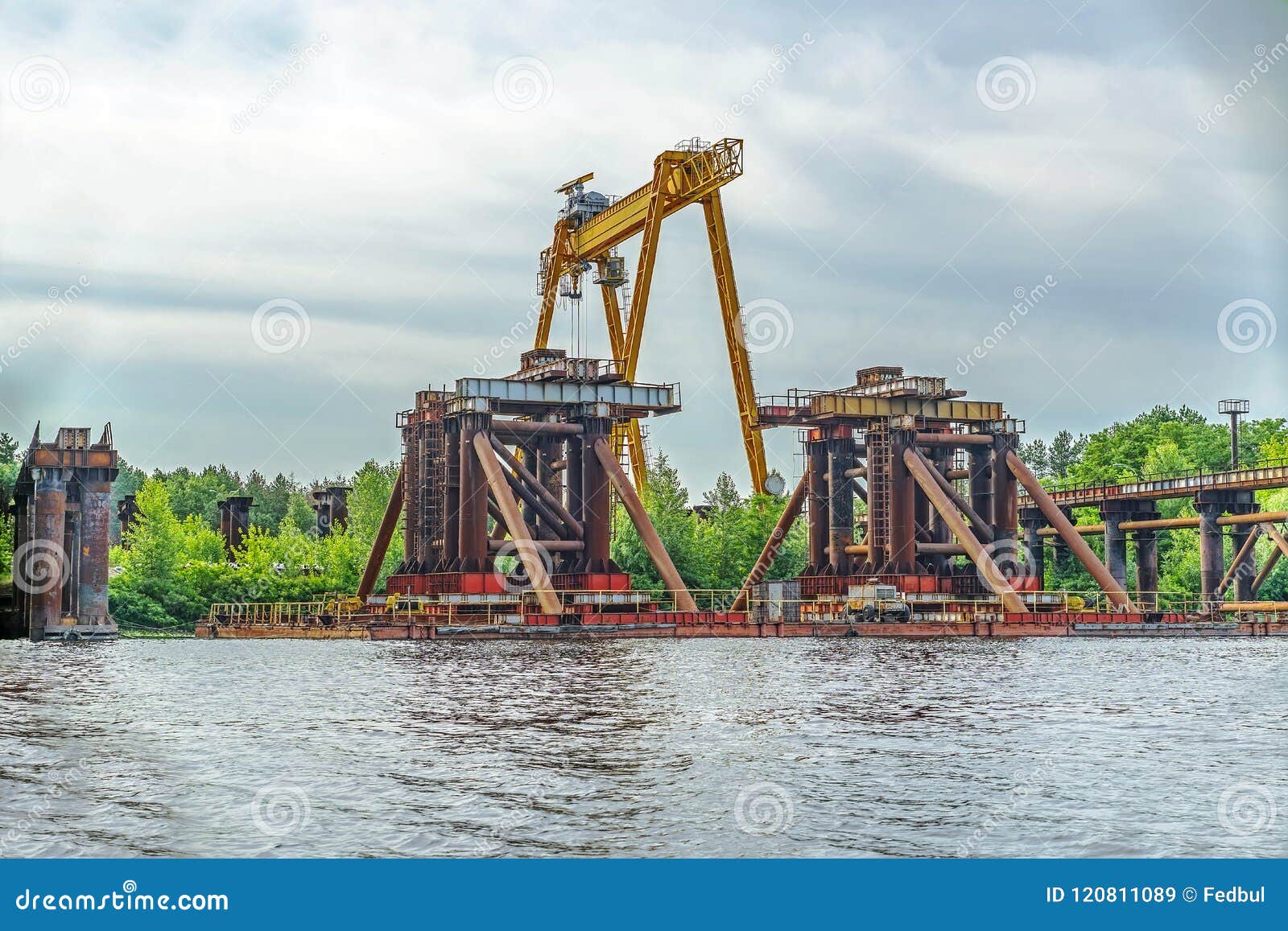 Construction of a Bridge Over the River. Temporary Construct Stock ...