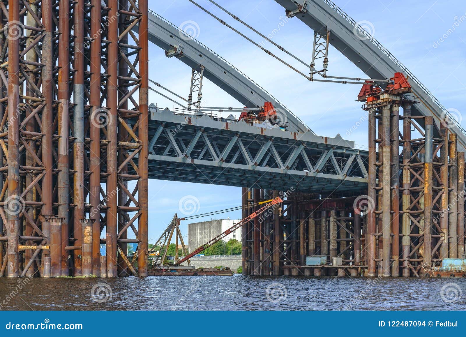 Construction of a Bridge Over the River. Temporary Construct Stock ...