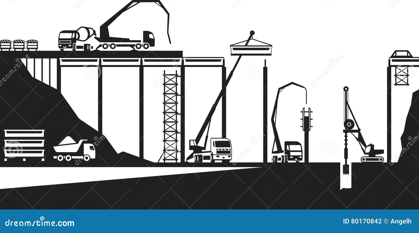 Construction of Bridge on Road Stock Vector - Illustration of steel ...