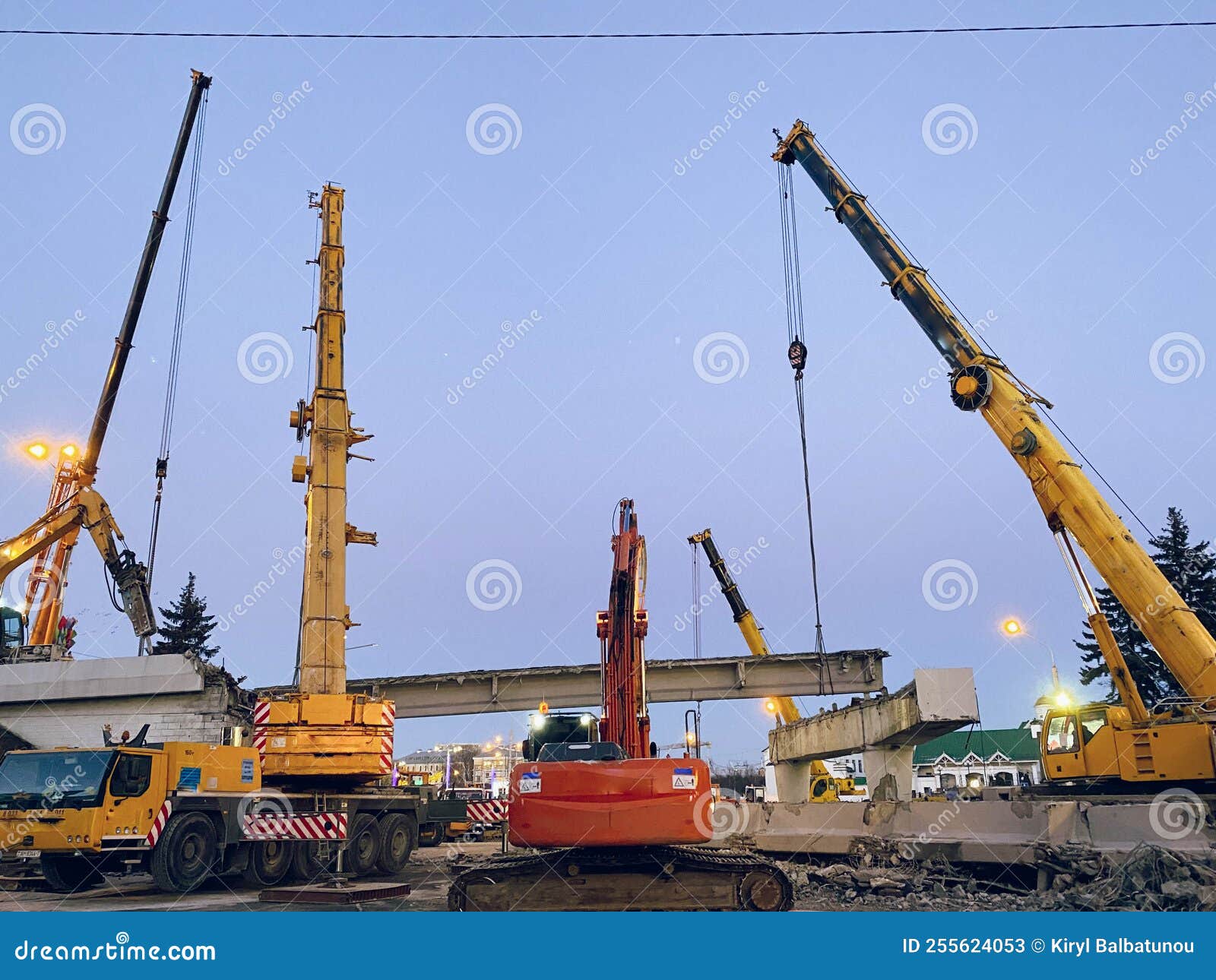 Construction of a Broken Bridge on a Busy Road. Construction Equipment ...