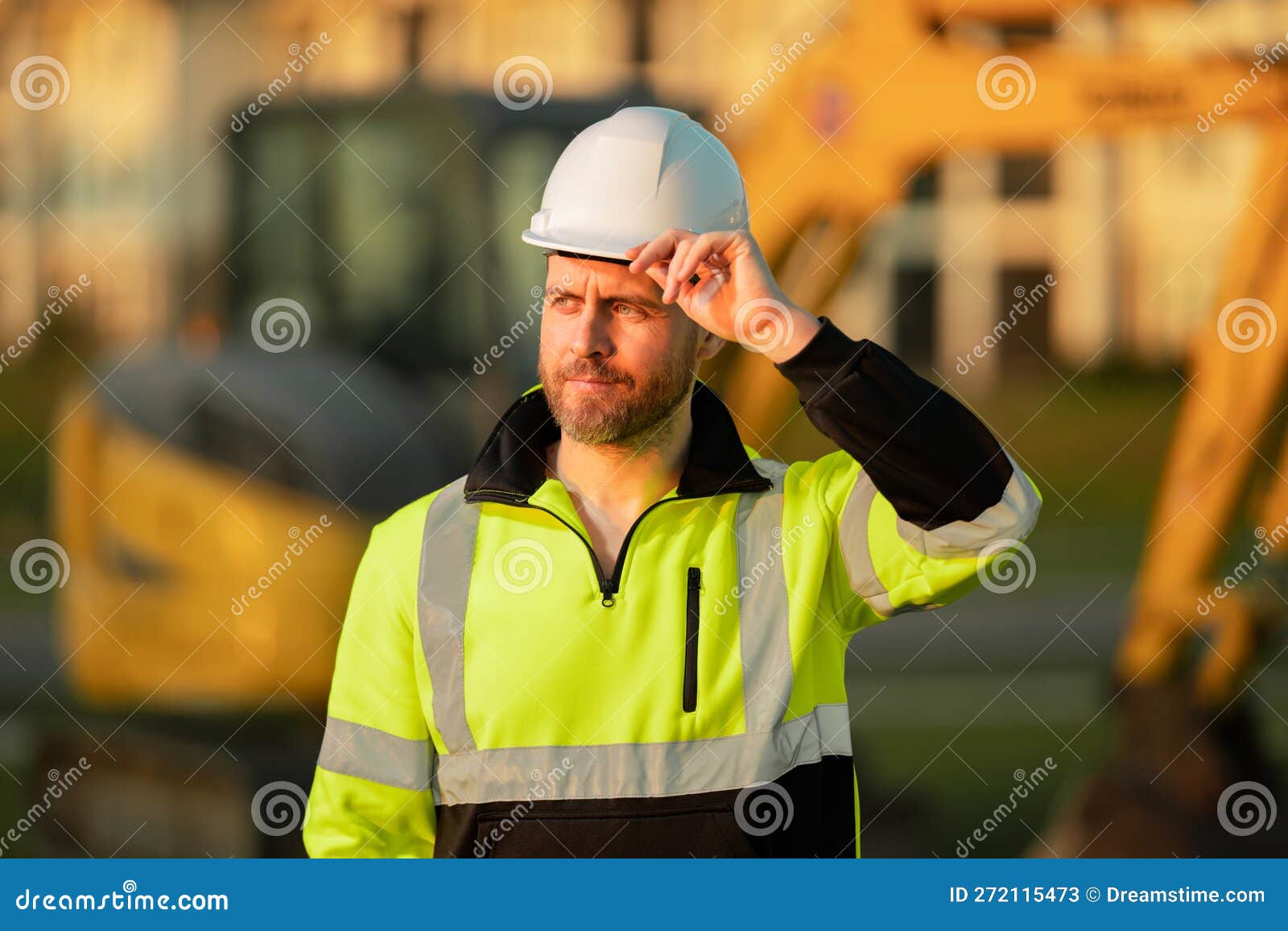 Construction Build Man with Excavator at Industrial Site. Worker in ...