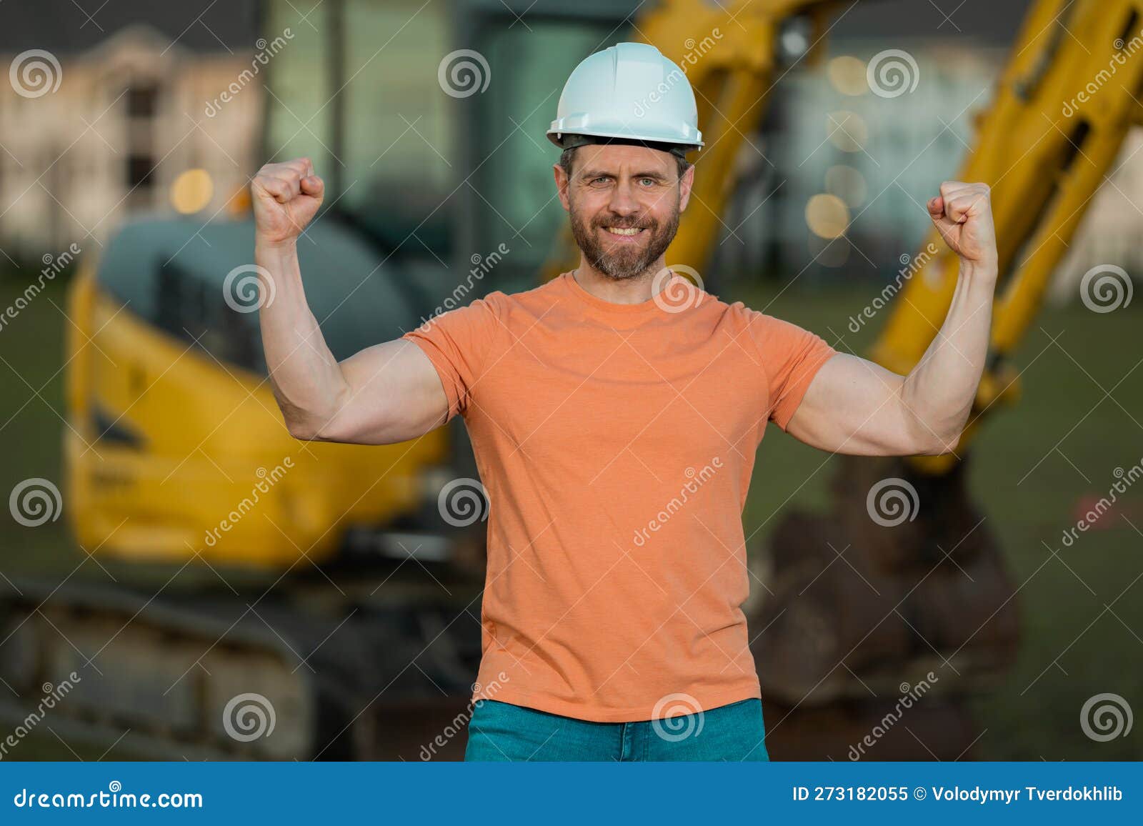 Construction Build Man with Excavator at Industrial Site. Worker in ...