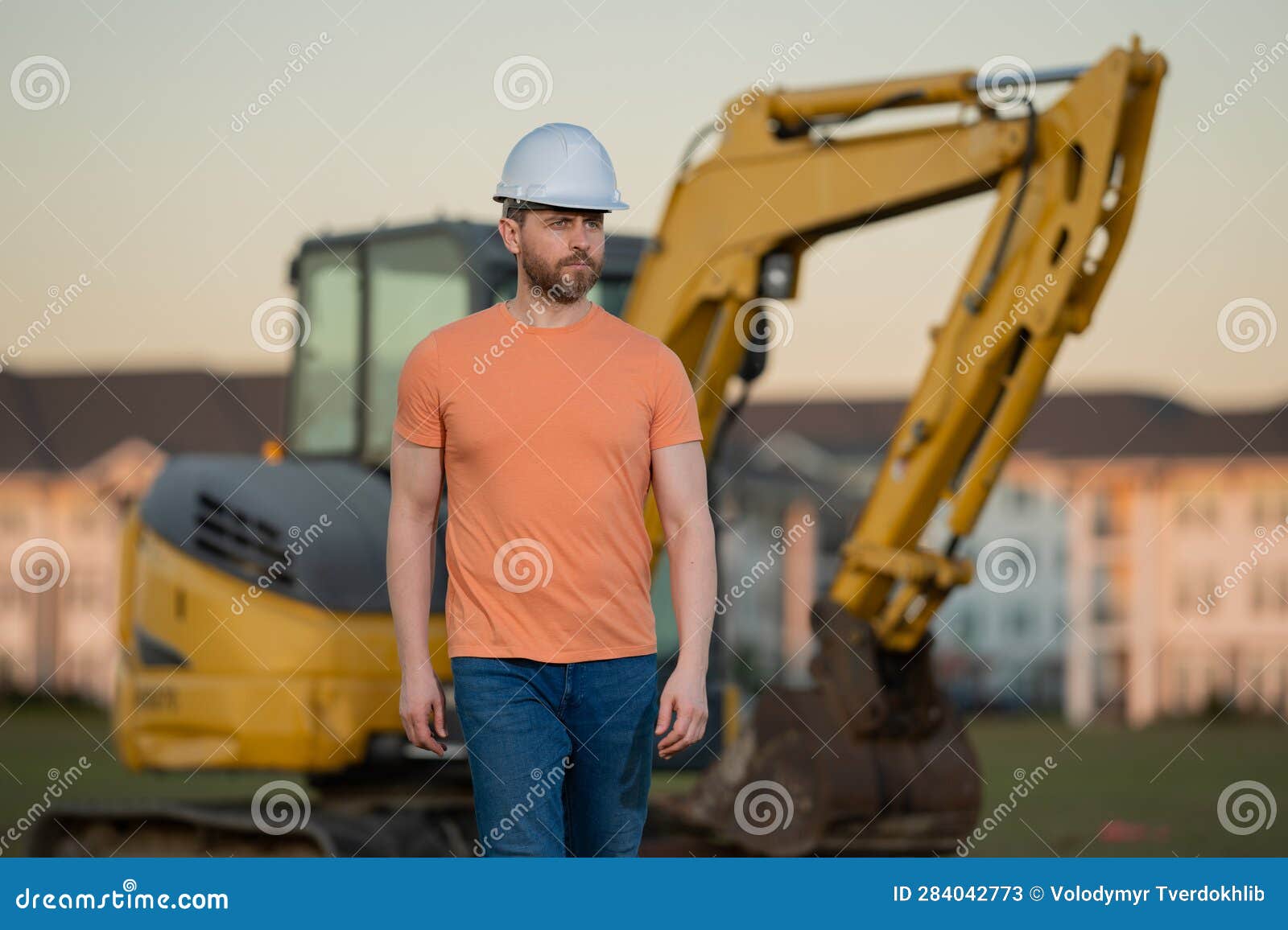 Construction Build Man with Excavator at Industrial Site. Worker in ...