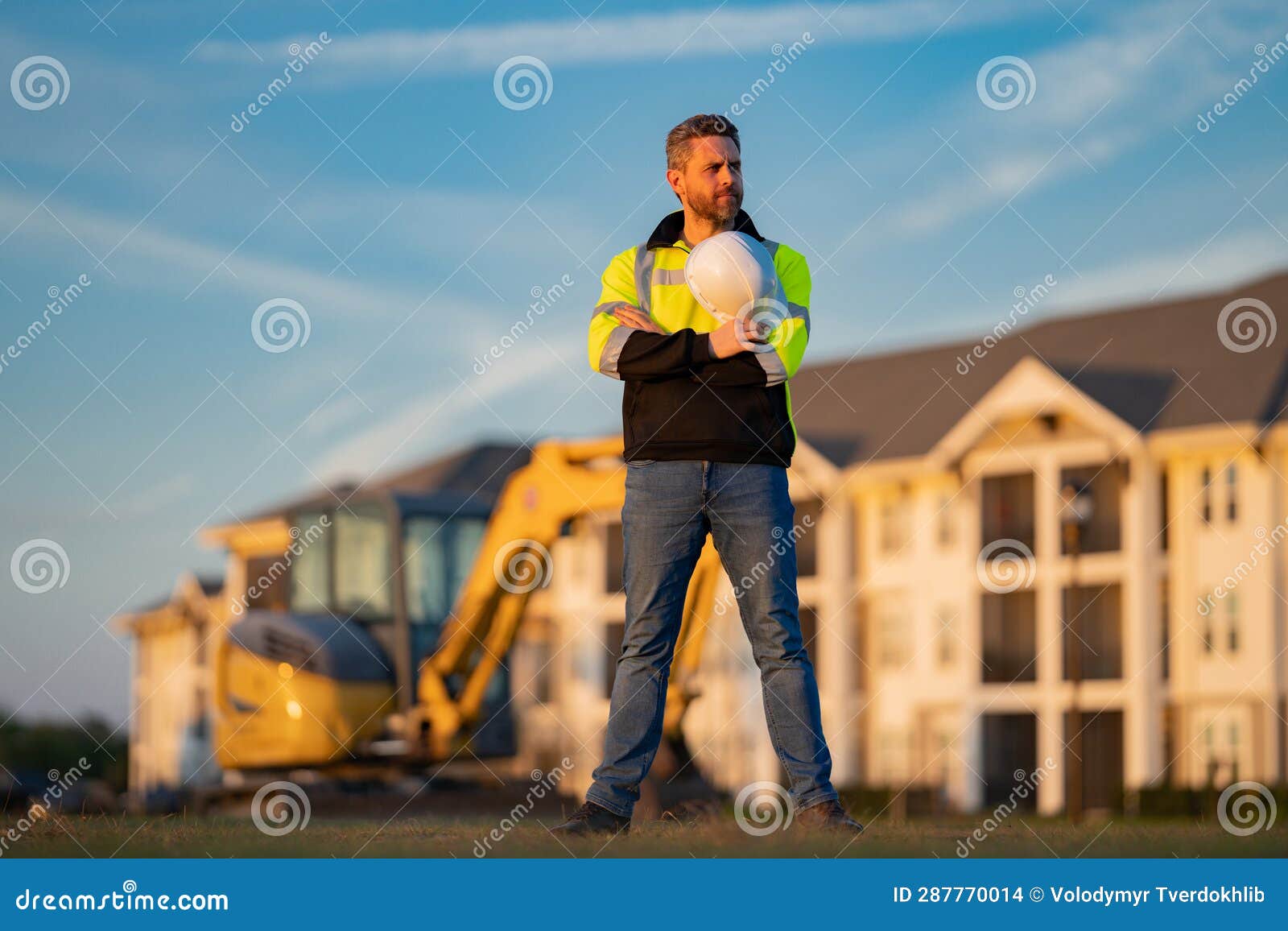 Construction Build Man with Excavator at Industrial Site. Worker in ...