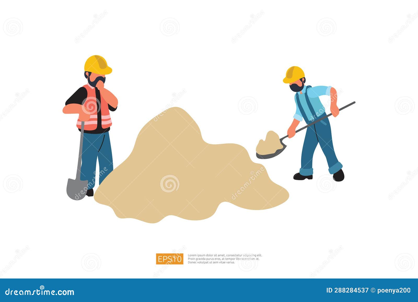Construction Builder Character with Shovel Digging Sand Material. Road ...