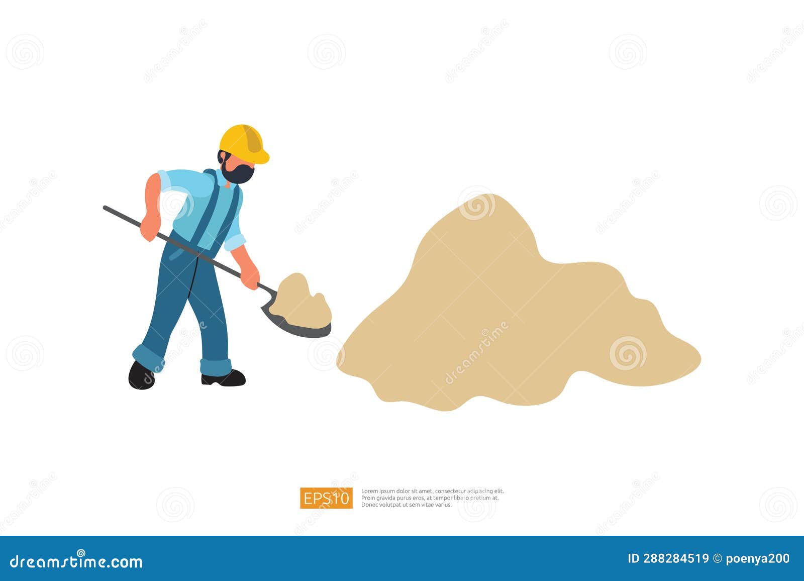 Construction Builder Character with Shovel Digging Sand Material ...