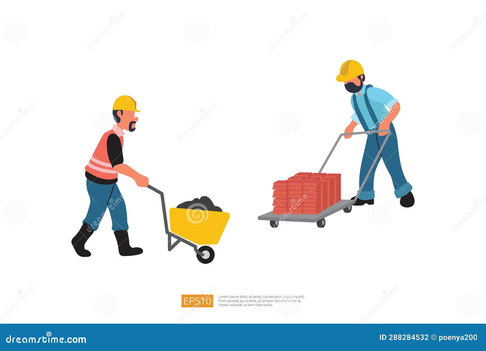 Construction Builder Character with Wheelbarrow Carrying Coal Material ...