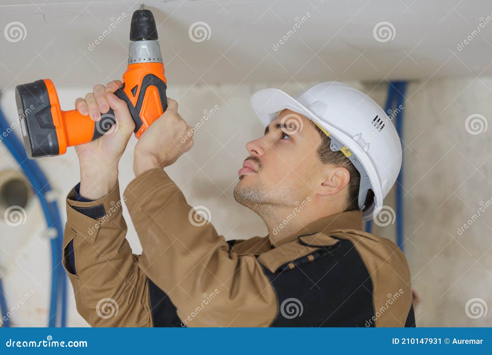 Construction Builder Drilling Ceiling Stock Image - Image of contractor ...