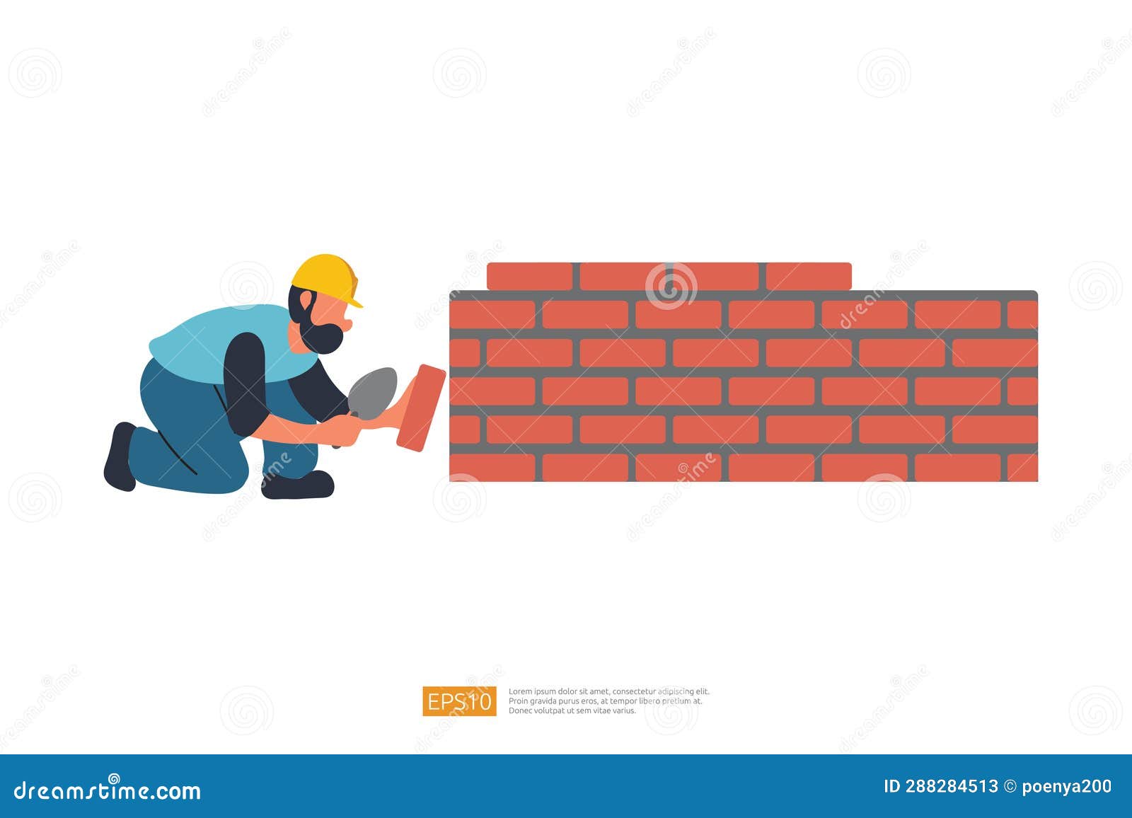 Construction Builder Man Character is Building a Brick Wall. Vector ...