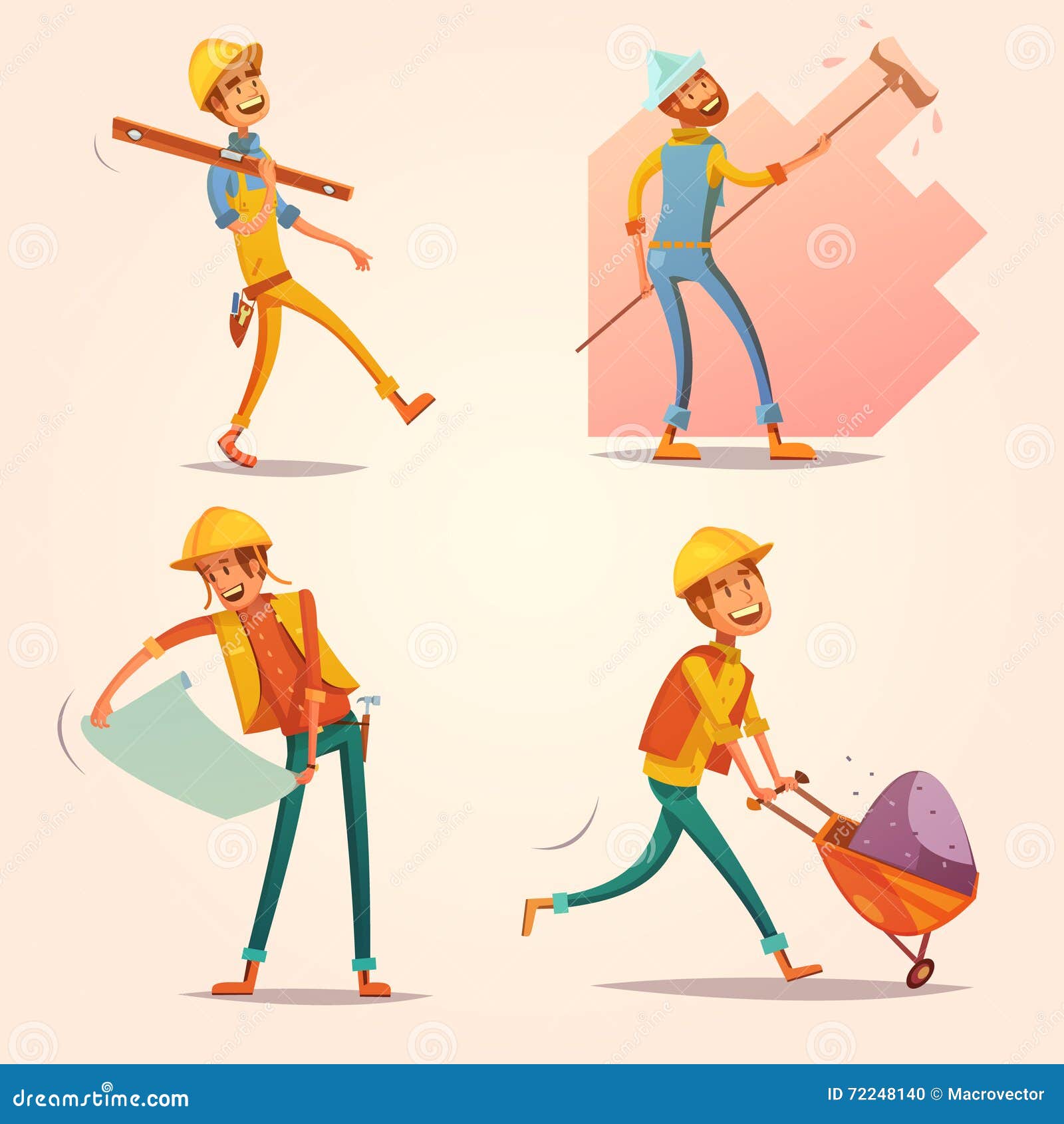 Construction Builder Retro Cartoon Icons Set Stock Vector ...