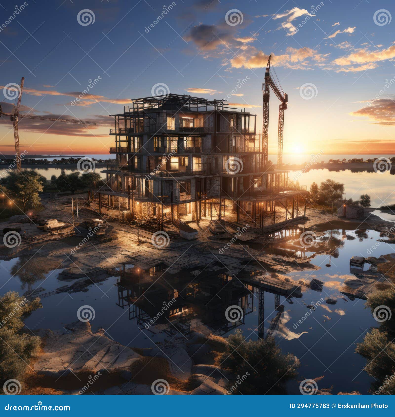 Construction Building Process with Crane Elements, Unfinished Building ...