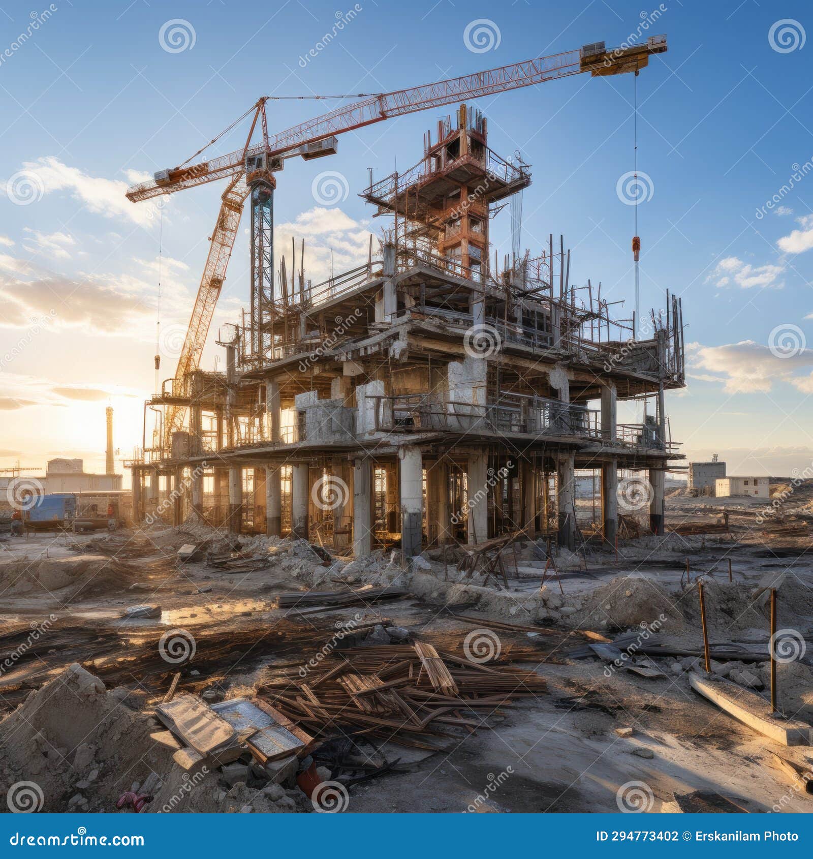 Construction Building Process with Crane Elements, Unfinished Building ...