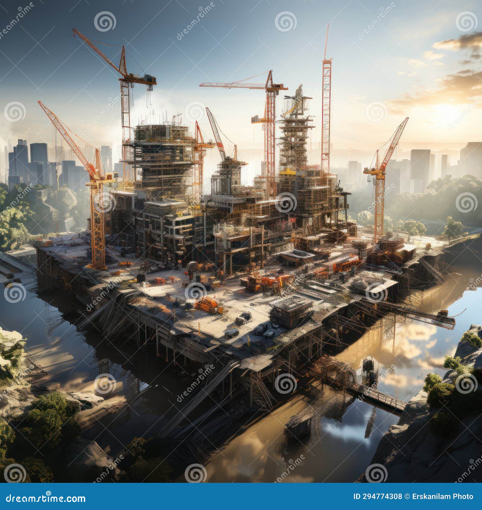 Construction Building Process with Crane Elements, Unfinished Building ...