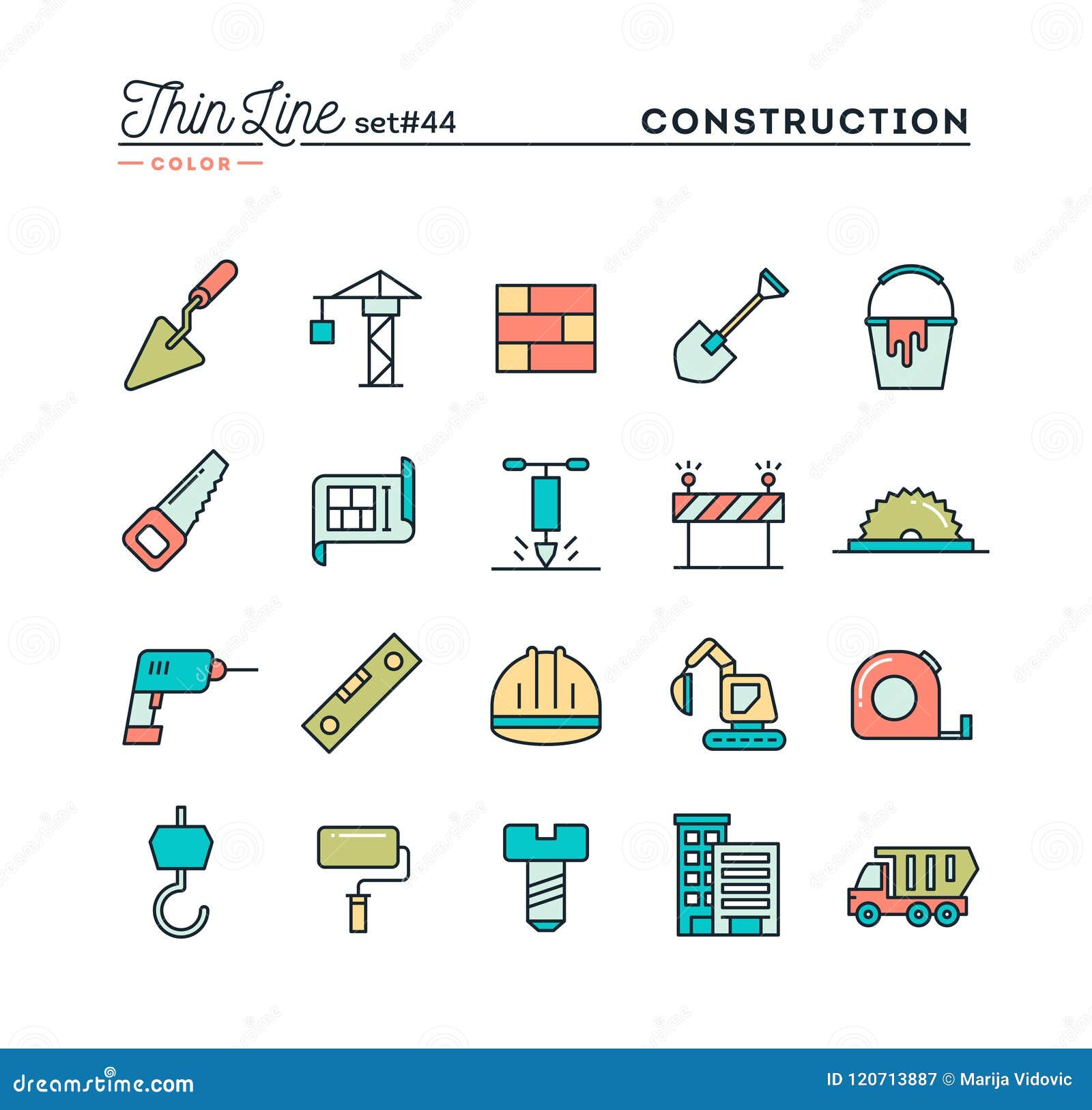 Construction, Building, Project, Tools and More, Thin Line Color Stock ...