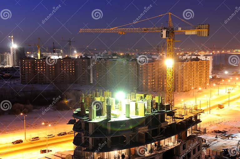 Construction Building Site at Night Stock Photo - Image of business ...