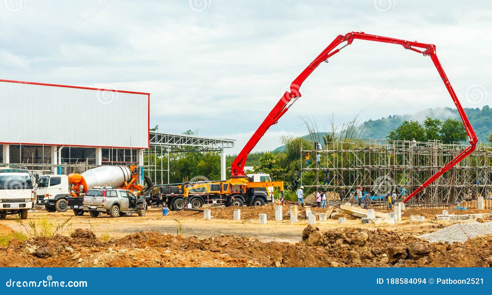 Construction Building Works with Concrete Pump for Pouring. Stock Photo ...