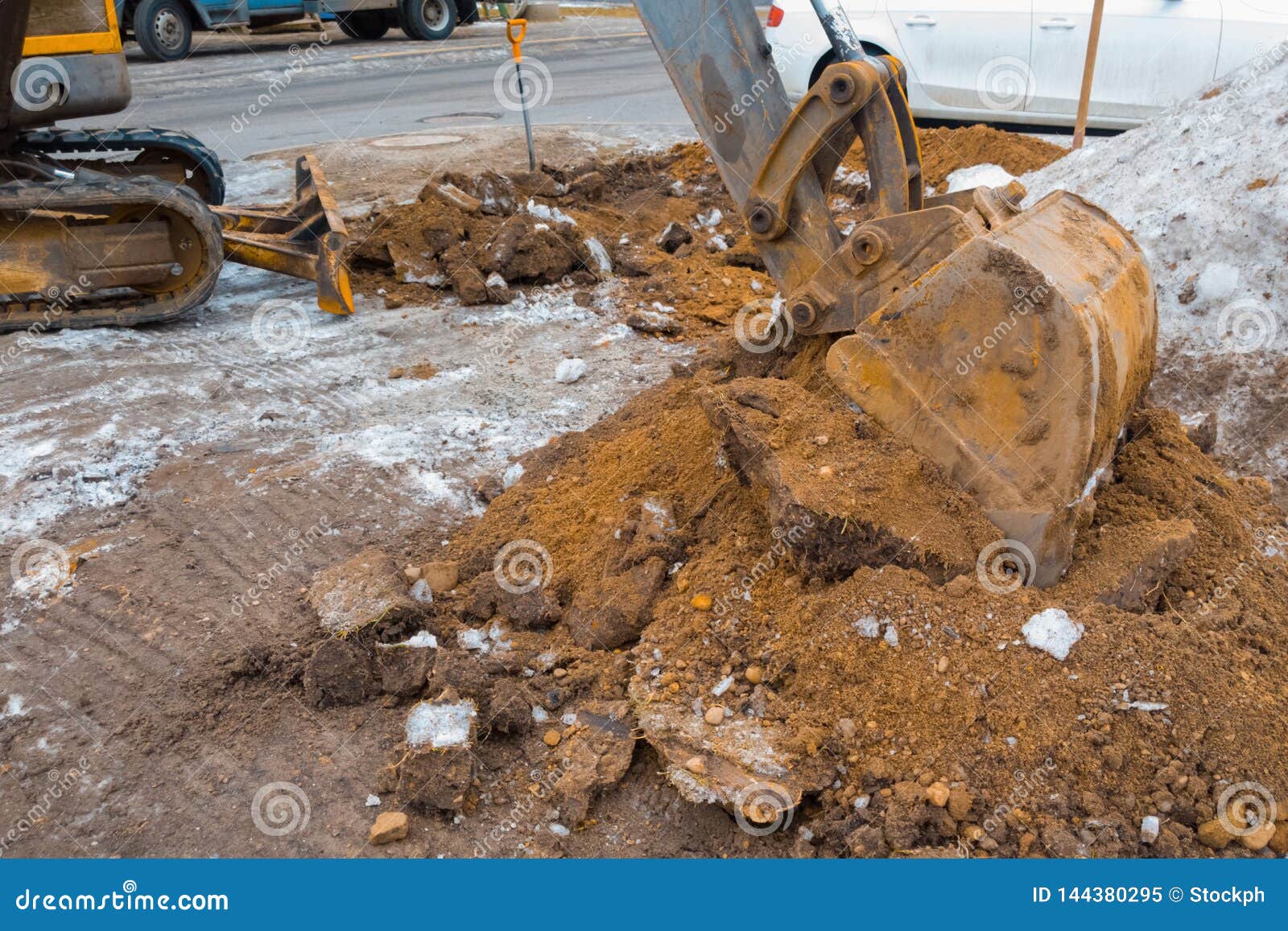 Construction Crane Digs a Pit in Winter Stock Image - Image of crane ...