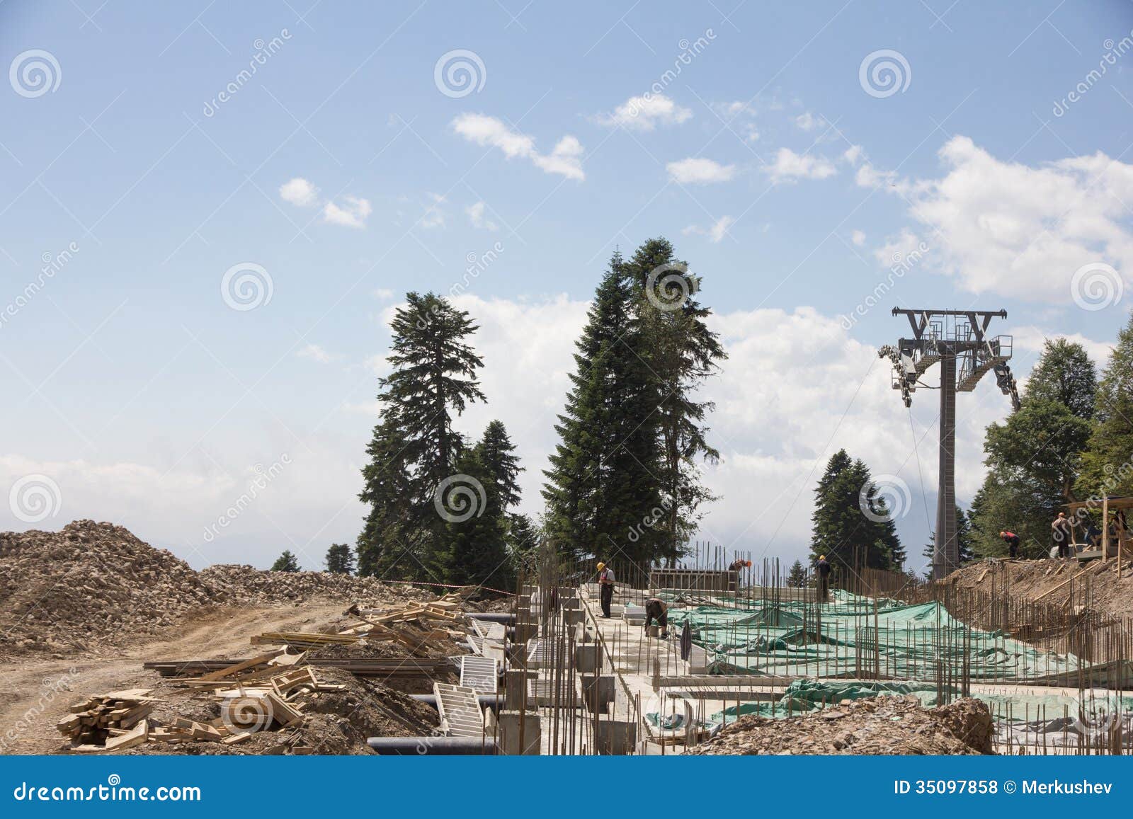 Construction of Cable Way in the Mountains Stock Photo - Image of blue ...