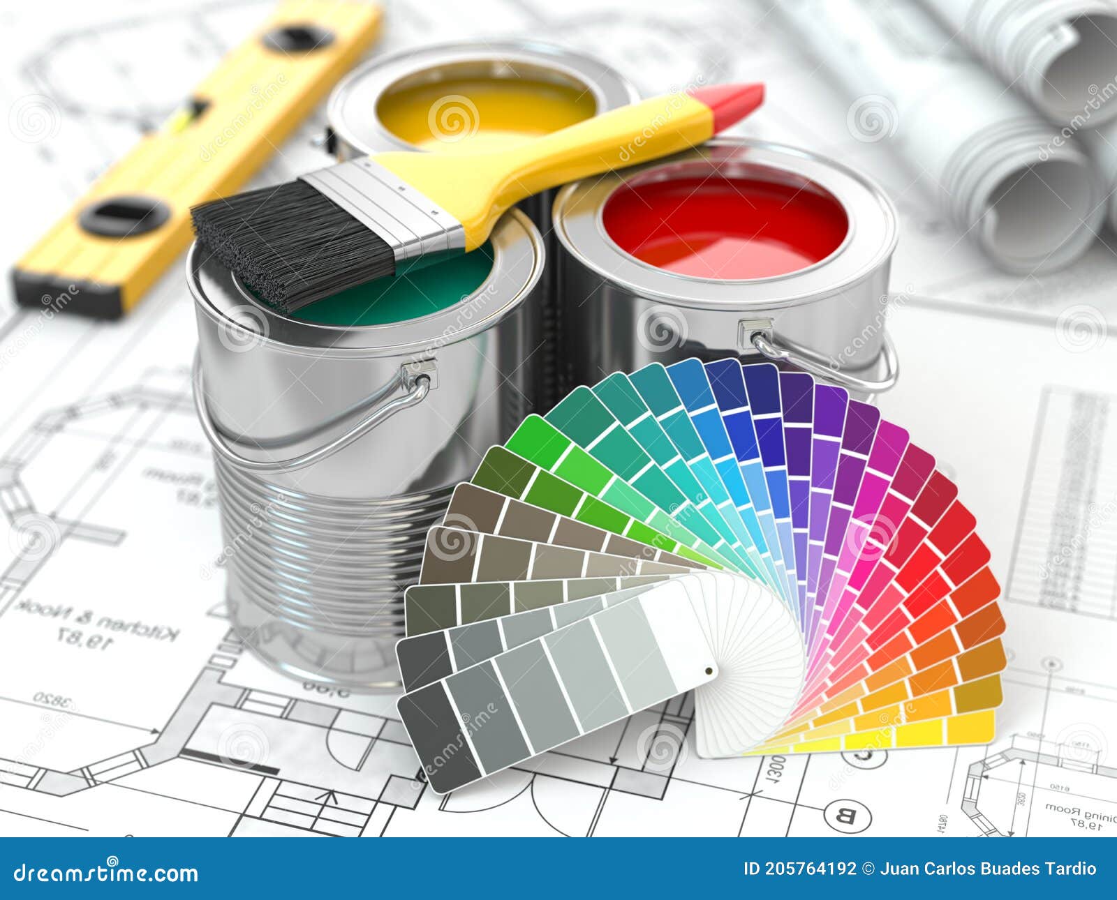 Construction. Cans of Paint with Colour Palette and Paintbrush Stock ...