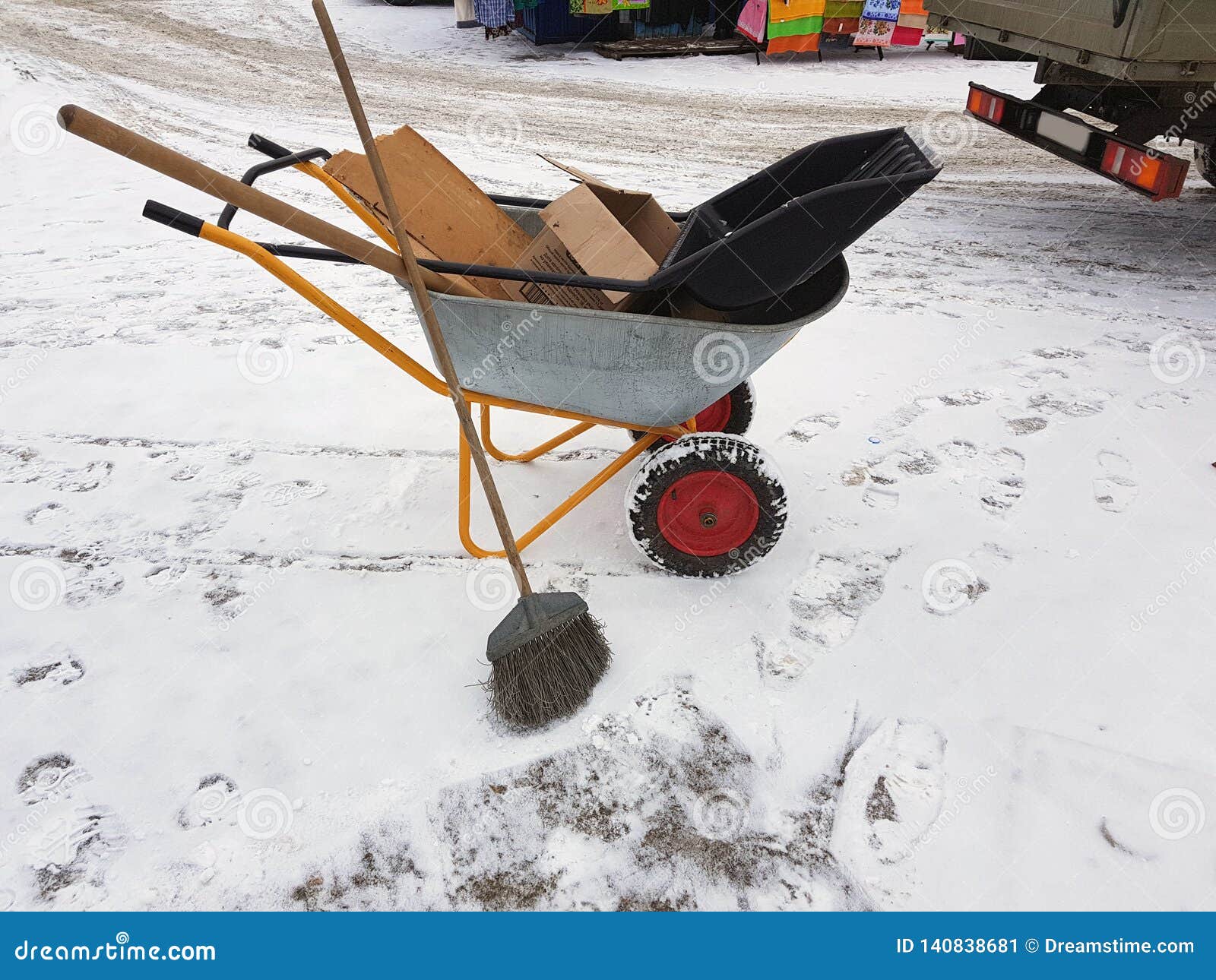 Construction Cart with Garbage Bin and Broom Stock Image - Image of ...