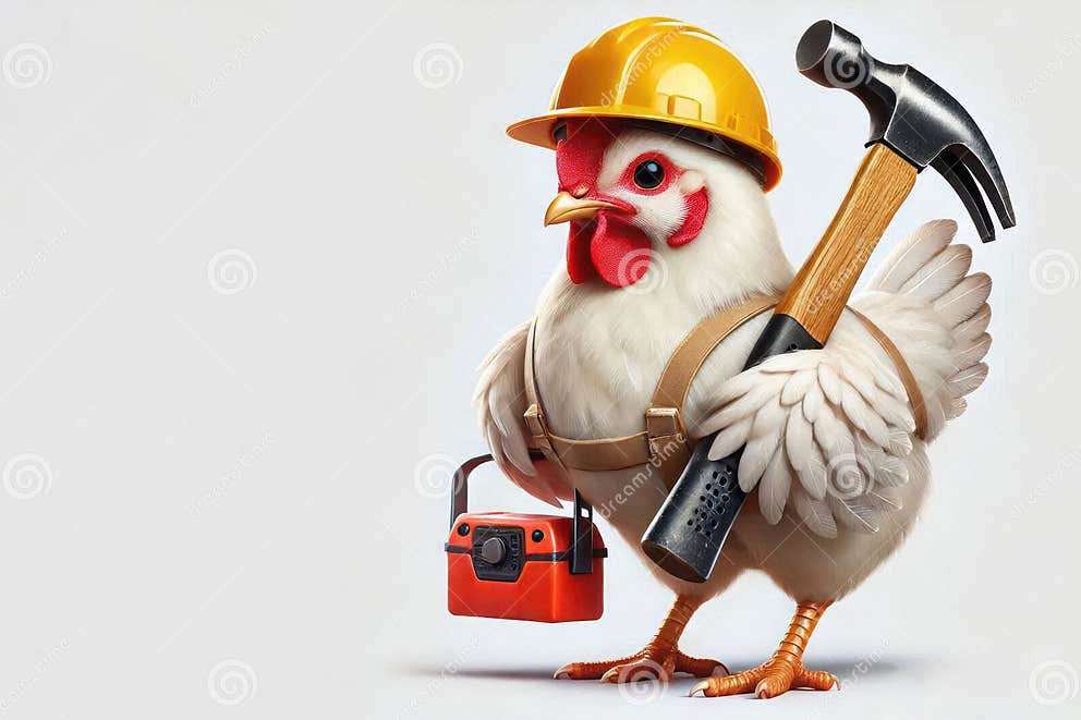 A Construction Chicken in a Helmet with a Hammer and Tools. Space for ...