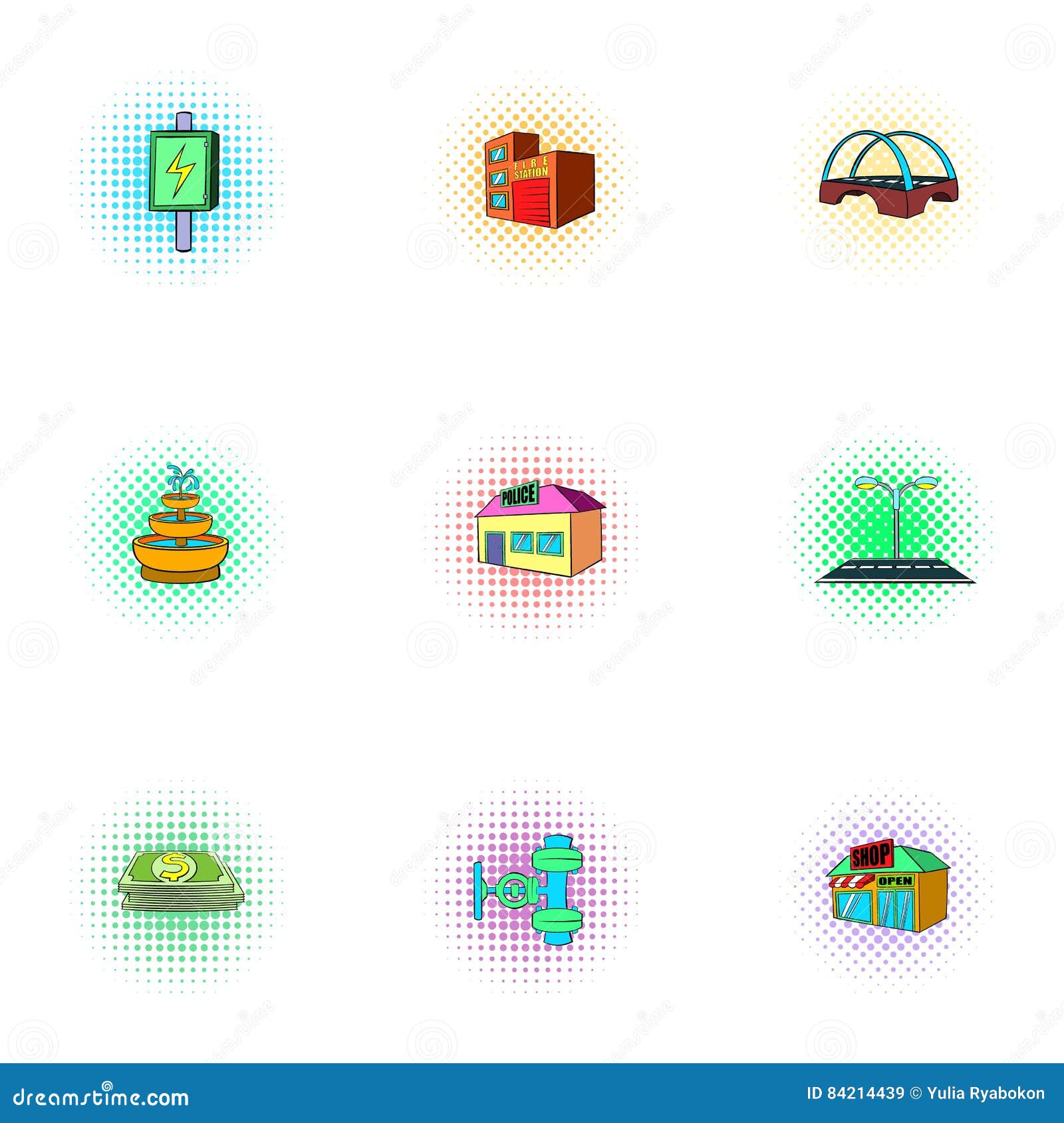 Construction of City Icons Set, Pop-art Style Stock Vector ...