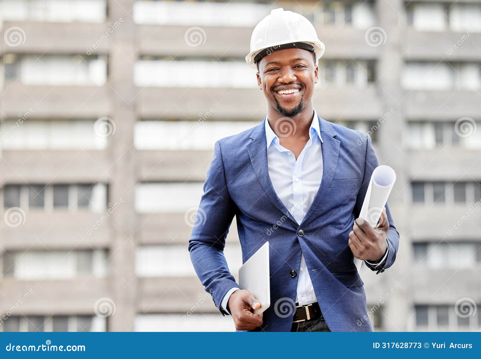 Construction, City and Portrait of Black Man with Blueprint, Floorplan ...