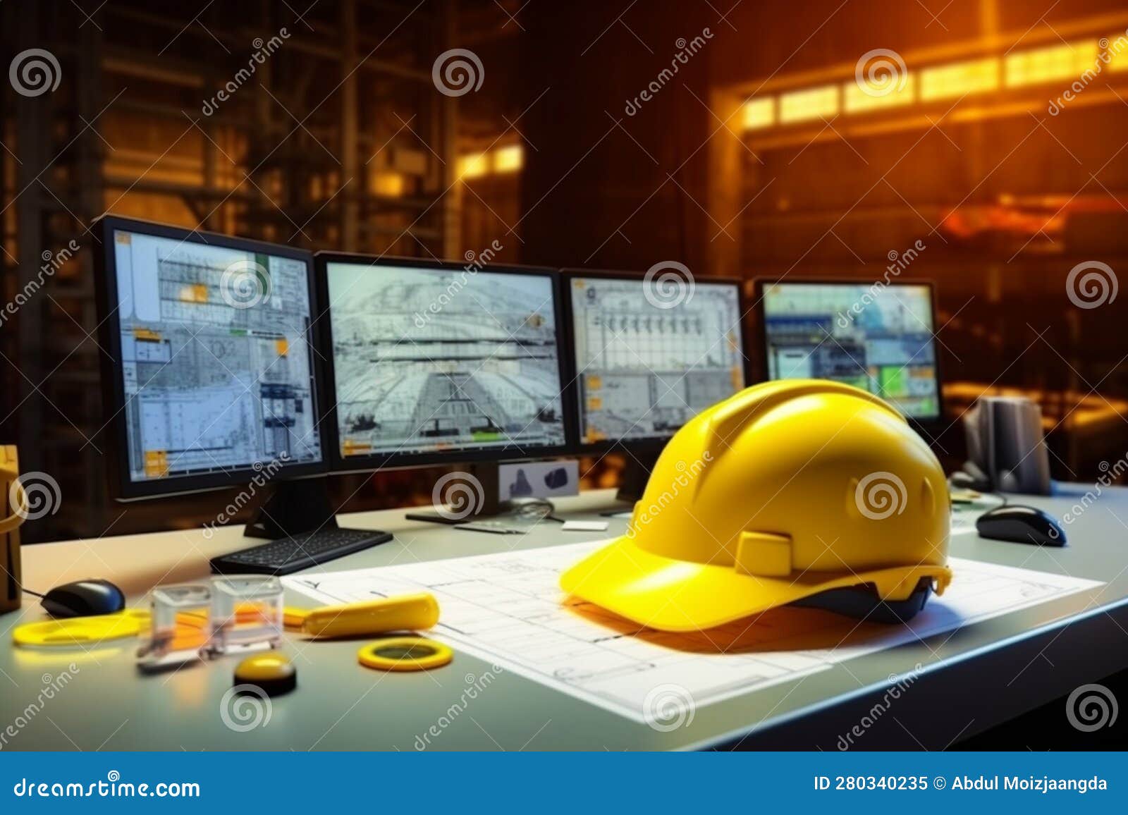 Construction Command Center, Blueprints, Yellow Helmet, and Computer at ...