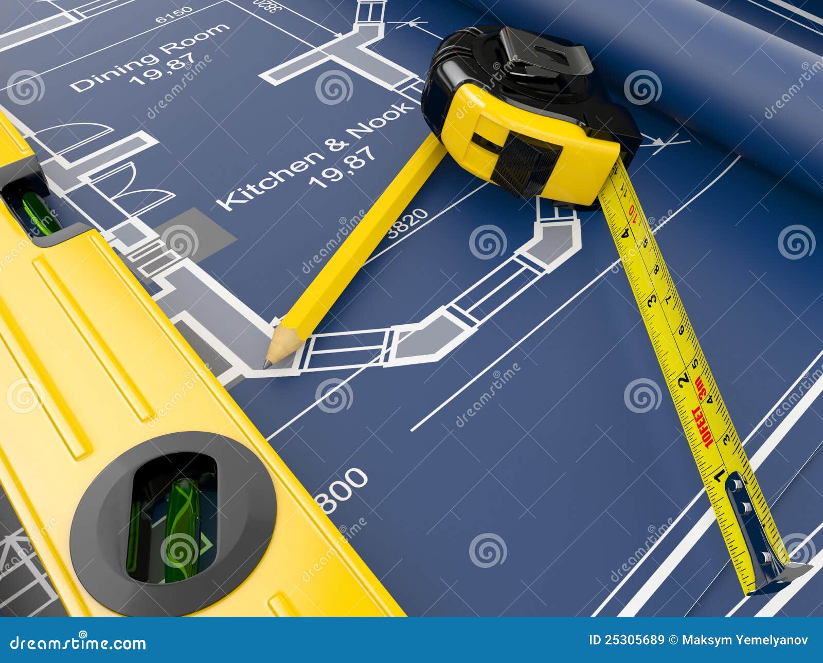 Construction Concept. Blueprint, Level and Rulers Stock Illustration ...