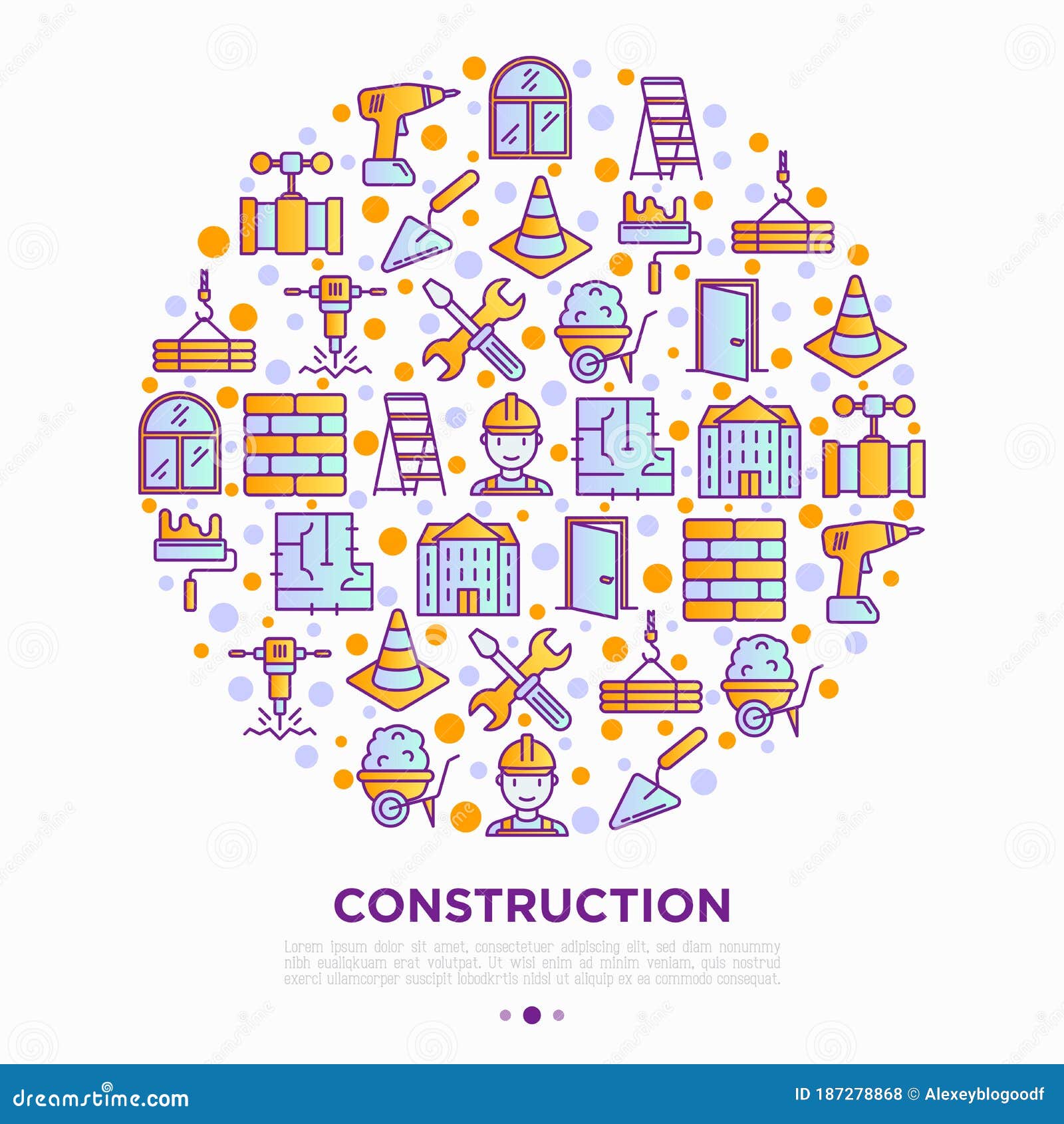 Construction Concept in Circle with Thin Line Icons: Builder in Helmet ...