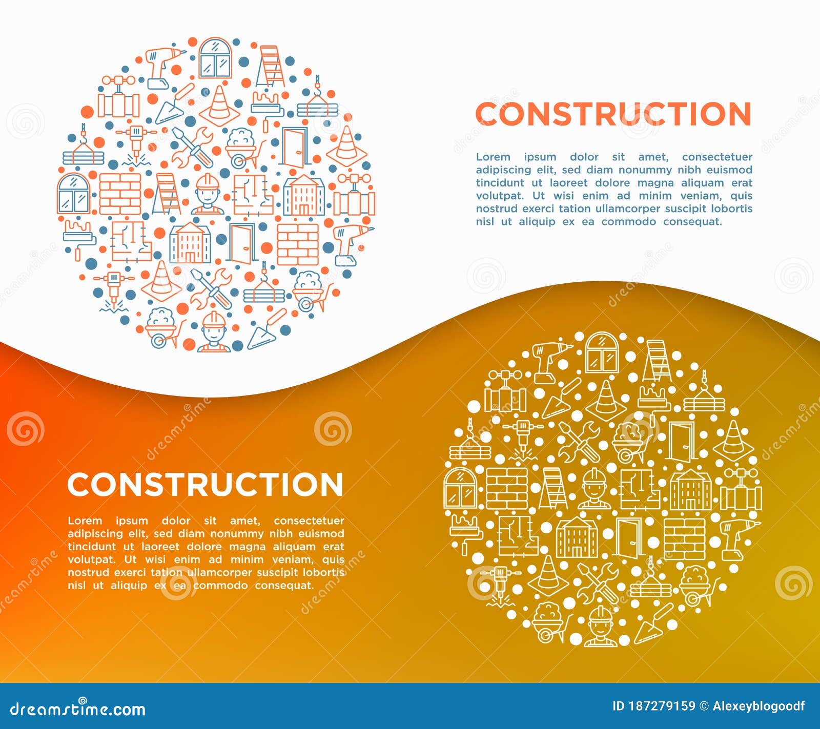 Construction Concept in Circle with Thin Line Icons: Builder in Helmet ...
